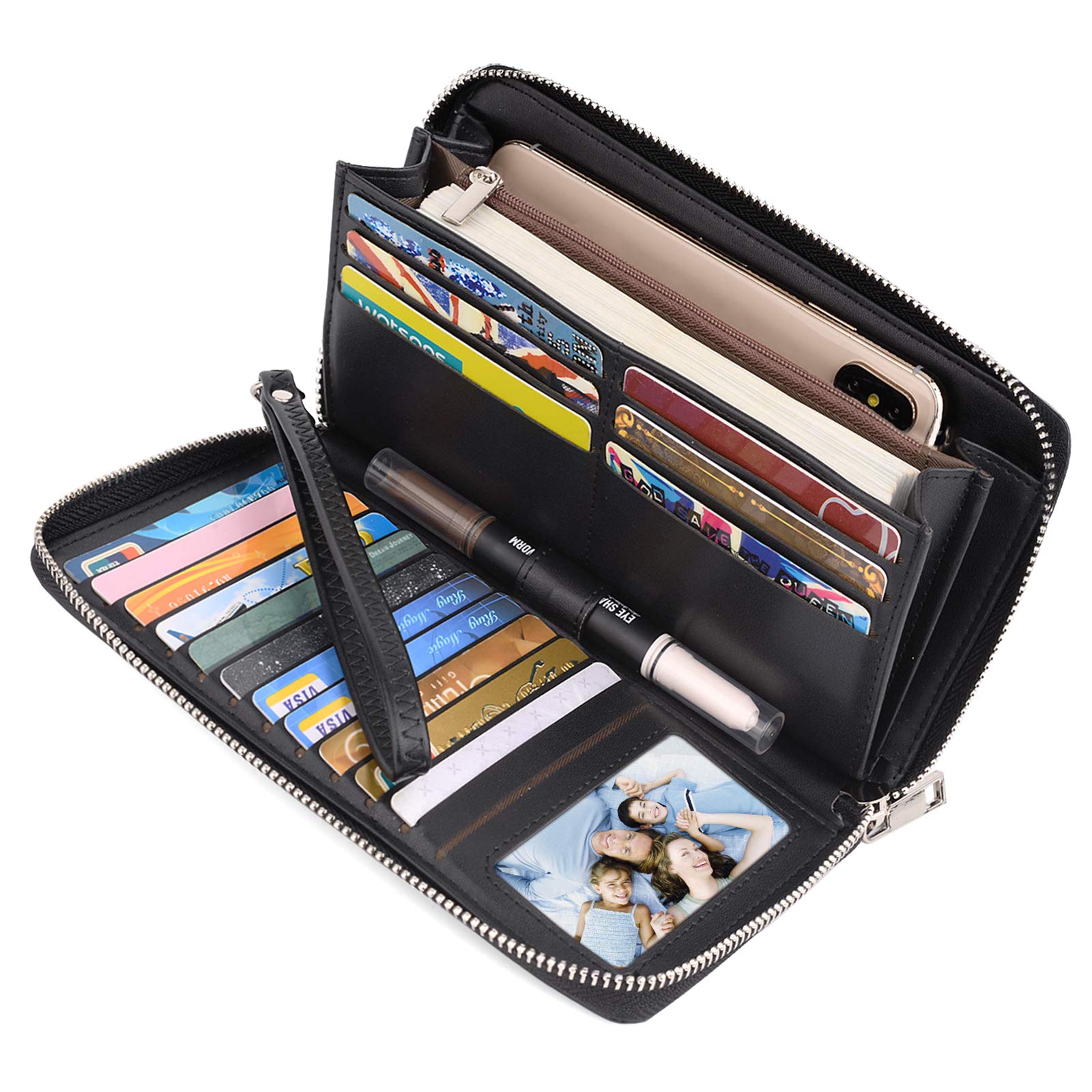 UTO Women Wallet Large Leather 2 Pcs Zip Pouch Card Holder Checkbook Passport Organizer Ladies Travel Clutch with Wristlet Black