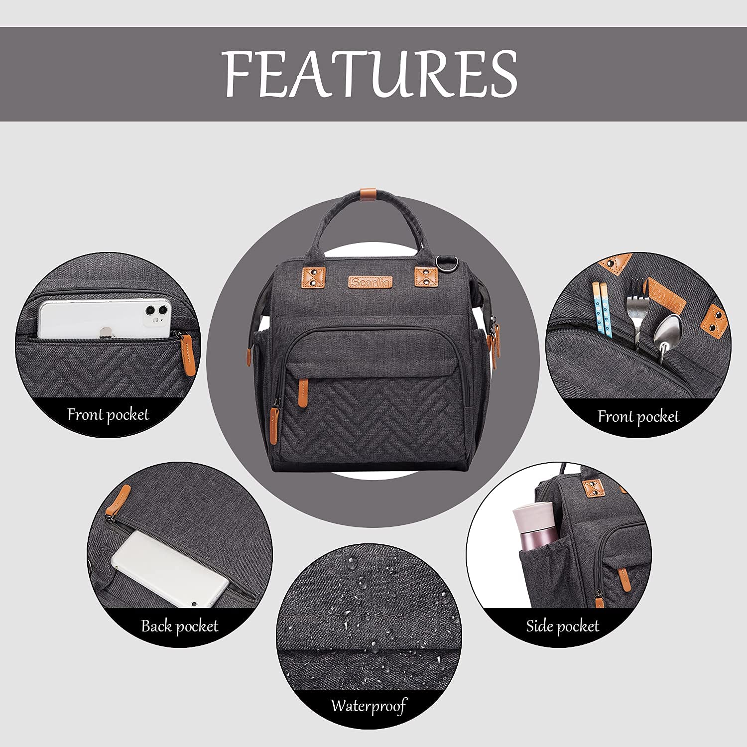 Scorlia Insulated Lunch Bag Thermal Backpack & Leakproof Lunch Tote for Women/Men Work, School, Office, Picnic