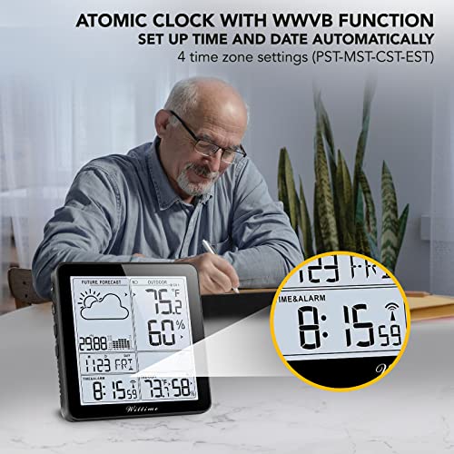 Wittime 2180 Weather Station with Atomic Clock Indoor Outdoor Thermometer Wireless Wireless Temperature and Humidity Monitor Inside Outside with Sensor Battery Powered