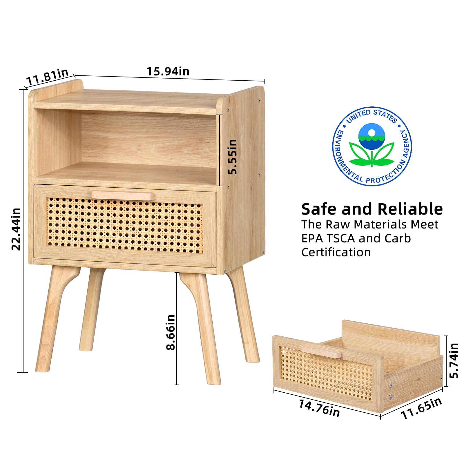 Lerliuo Rattan Nightstands Set of 2, Boho Side Table with Drawer Open Shelf, Cane Accent Bedside End Table with Solid Wood Legs for Bedroom, Dorm and Small Spaces (Natural)