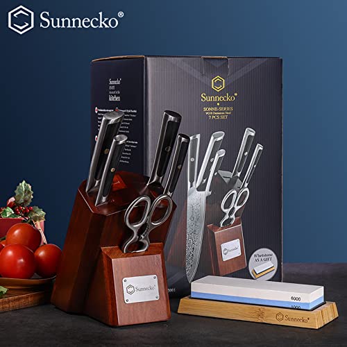 Sunnecko Knife Sets for Kitchen with Block,7 PCS Damascus Kitchen Knife Set,67-Layer Japanese VG10 High Carbon Stainless Steel Blade,Full Tang Forged,Ergonomic Handle,Whetstone&Scissors Include