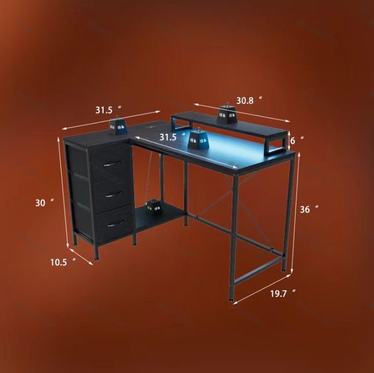 LIVEHOM L Shaped Desk with Power Outlets & LED Lights, Computer Desk with Drawers & Shelves, Corner Desk Gaming Desk Home Office Desk