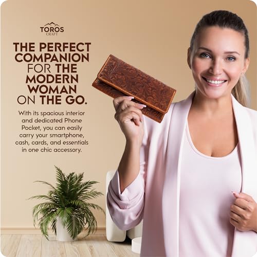 Toros Craft Handmade Western Wallets for Women, Genuine Tooled Leather & Long Credit Card Holder, Cowhide Slim Cell Phone Case, Large Capacity, Cute Clutch & Purse & Handbag (Camel)