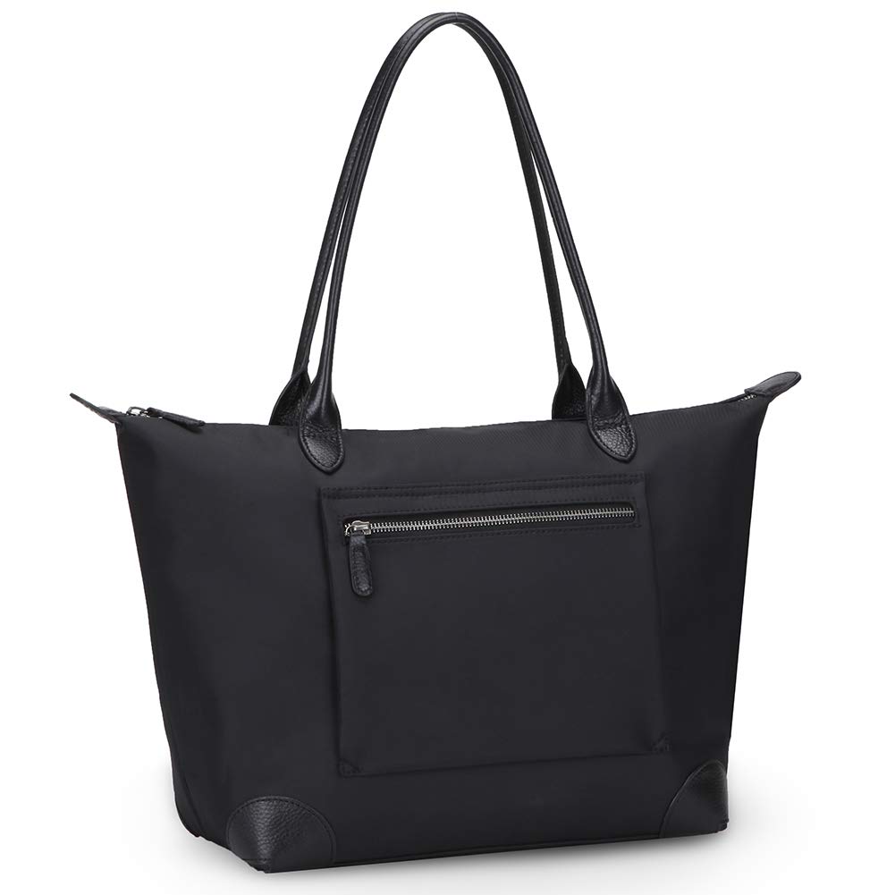Small Leather Bifold Wallet For Women Black+Large Lightweight Nylon Tote Bag for Women Black