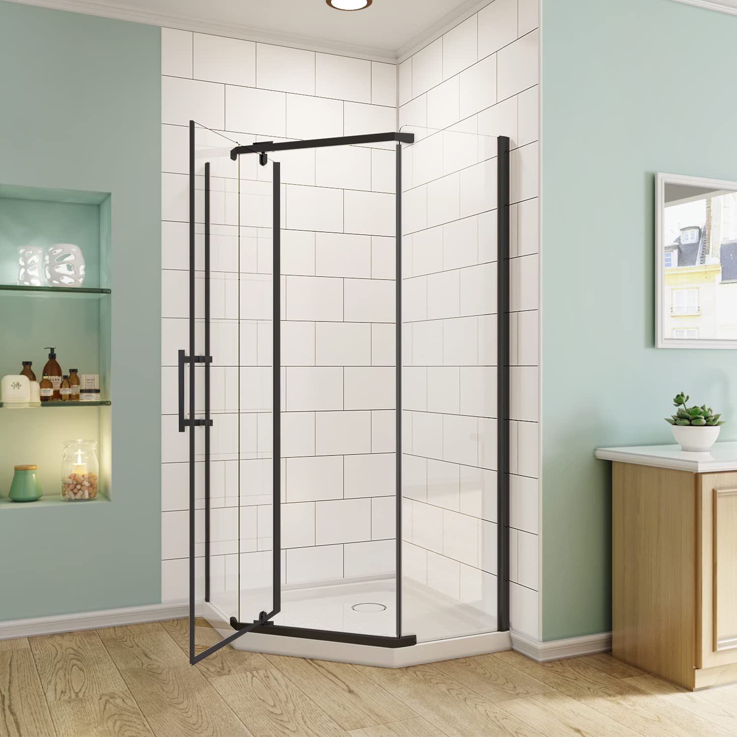 SUNNY Shower Door 36.7 in. x 71.8 in. Frameless Neo-Angle Pivot Shower Doors in Black Finish, 1/4 in. Clear Glass Corner Shower Enclosure