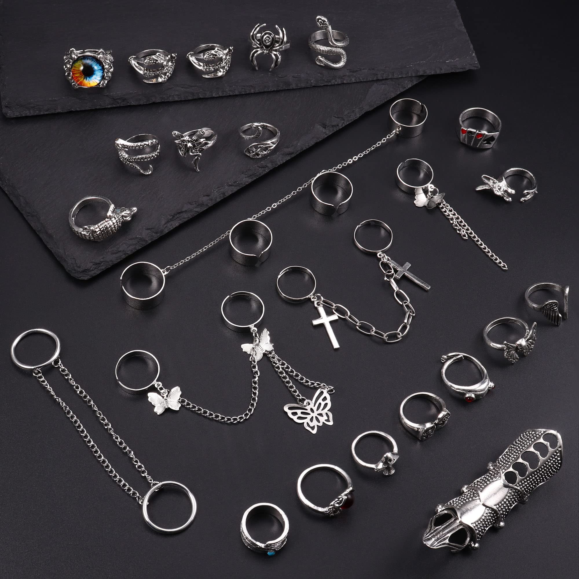 Sanfenly Goth Punk Rings for Men Women, Vintage Cool Punk Chain Rings Gothic Full Finger Ring Statement Stackable Skull Snake Butterfly Cross Eboy Emo Aesthetic Rings Set