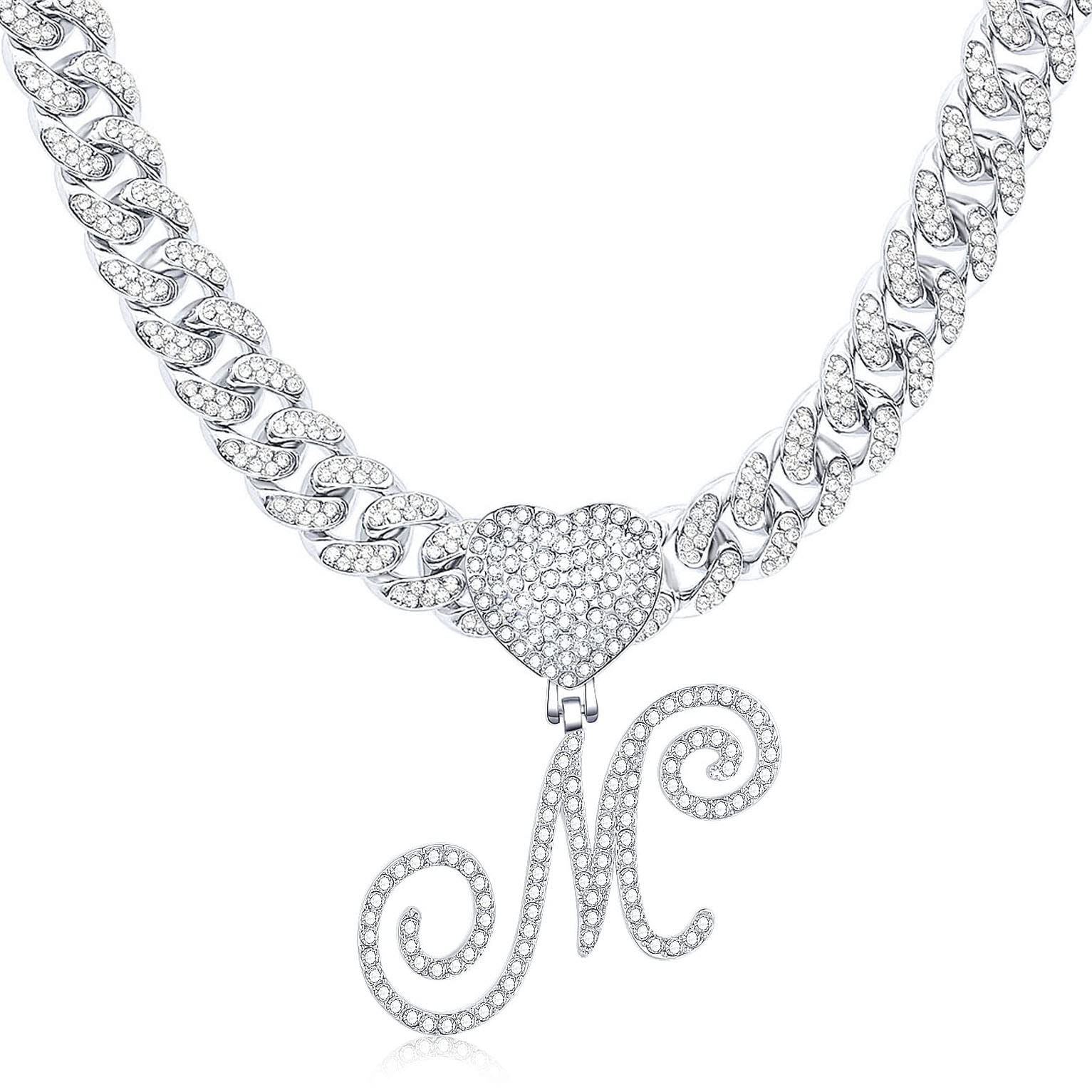 RLMOON Cursive Silver Initial Necklace for Women Miami Iced Out Cuban Chain Choker Necklace Diamond Initial Heart Pendant Letter Necklace Alphabet Hip Hop Jewelry M