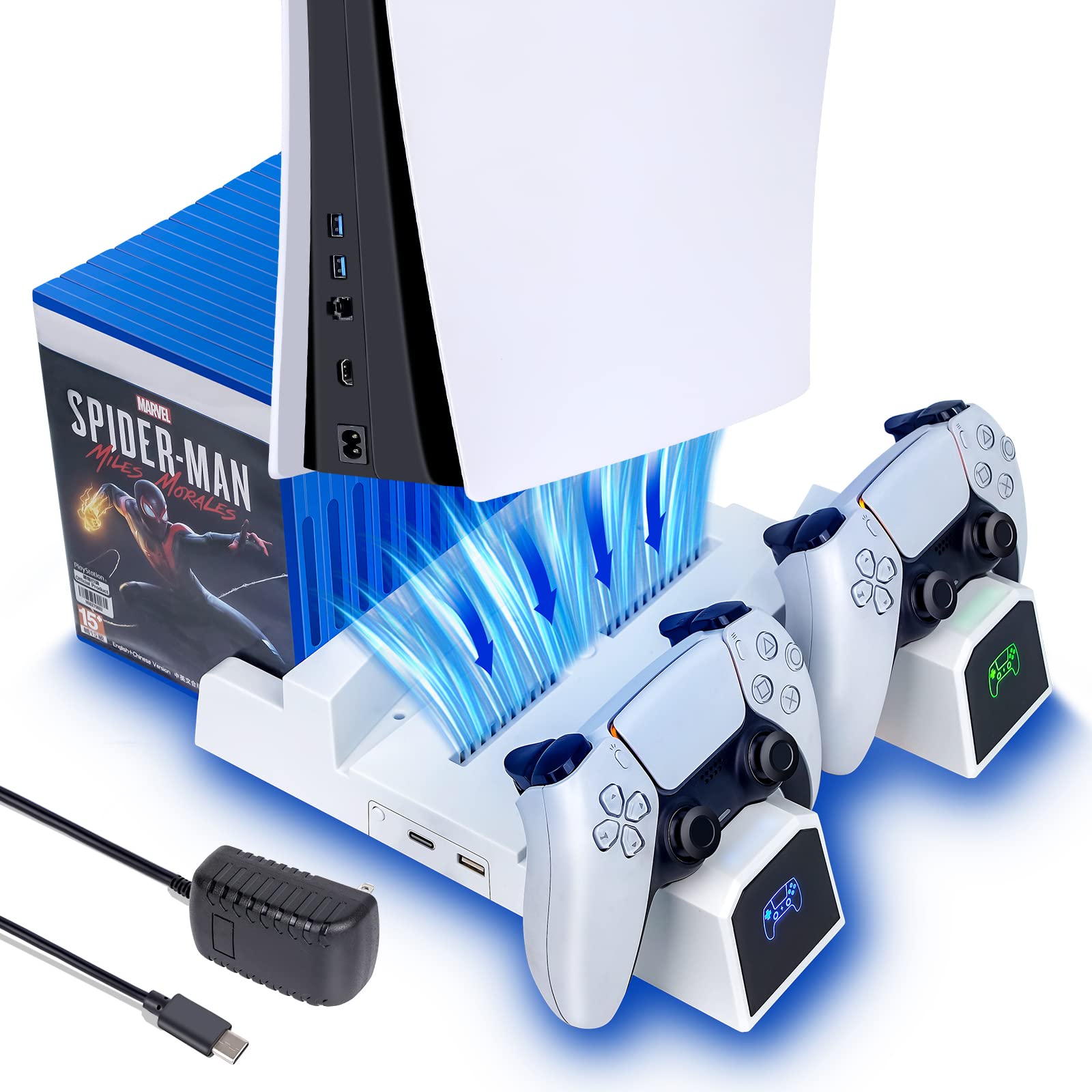 PS5 Cooling Station with Controller Charger for Disc & Digital Version, Playstation 5 Vertical Cooling Stand with Cooler Fan, PS5 Charging Station, Playstation 5 Cooling Station with 12 Game Slots