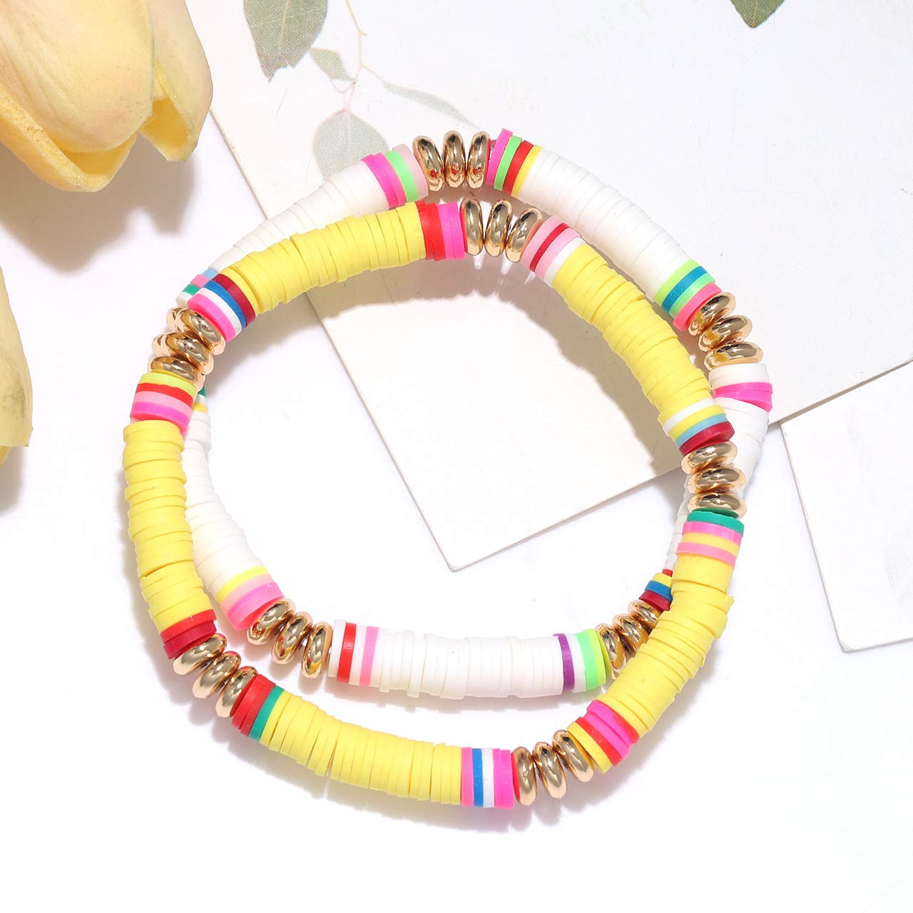 NVENF Heishi Bracelets Rainbow Vinyl Disc Bead Stretch Bracelets for Women Bohemia Stackable Surfer Bracelets for Girls Summer Beach Vacation Accessory (Style A)