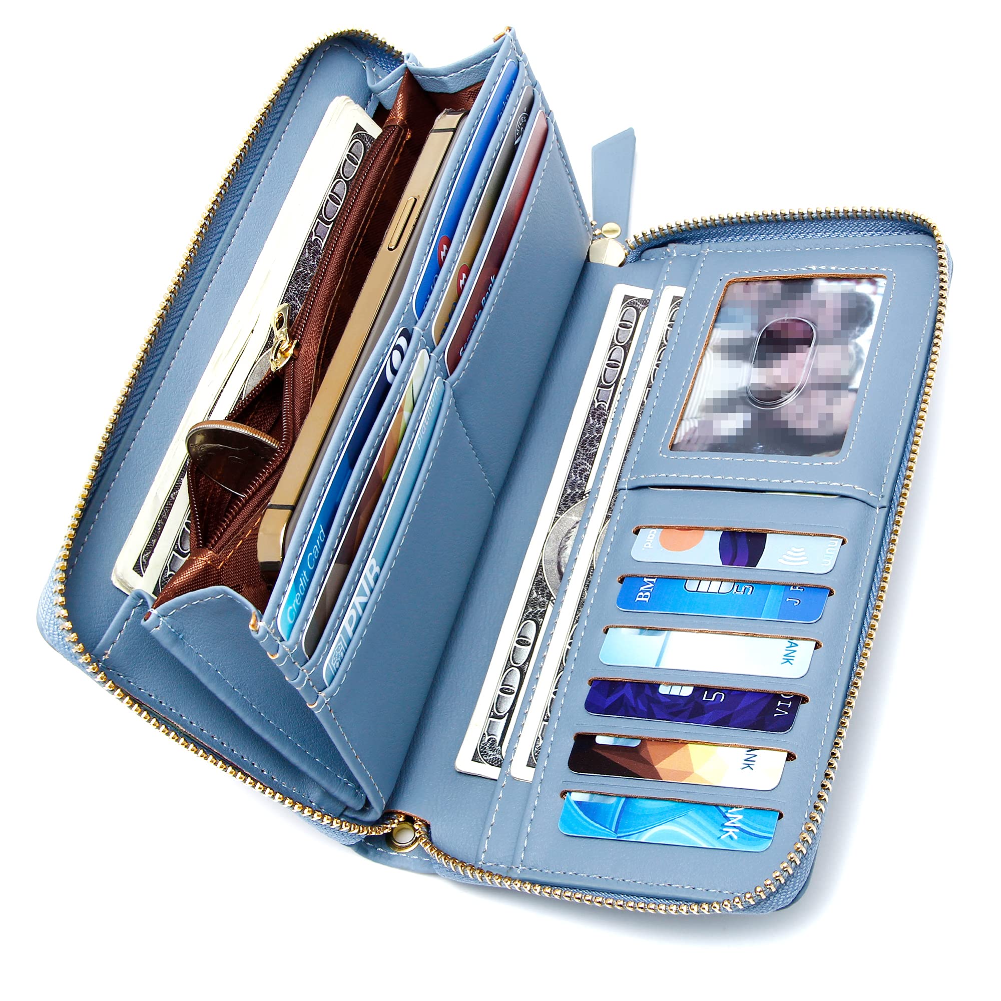 VOCUS Womens Wallet RFID Blocking Zip Around Wallet PU Leather Large Travel Long Purse Credit Card Holder with Wristlet