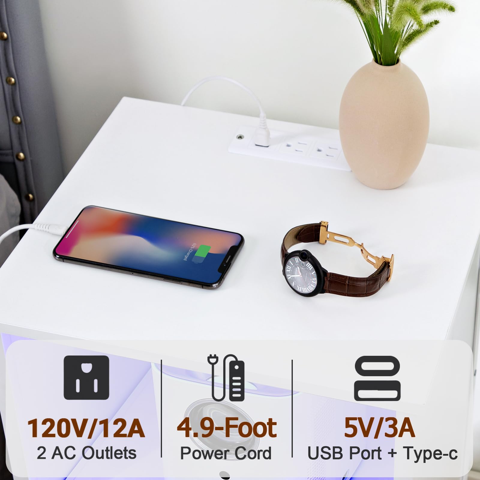 LOAKEKEL White Night Stand Set 2, LED Nightstand with Charging Station, End Tables with 3 Fabric Drawers, Bedside Table with USB Type C Port and Outlets for Bedroom, HNS033WT