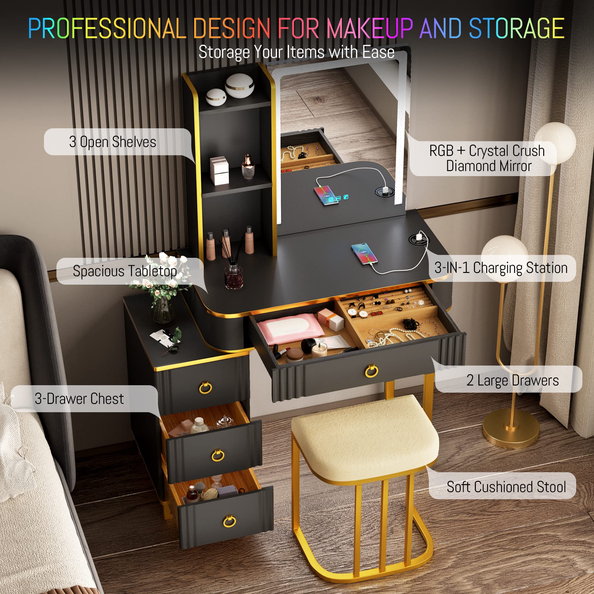 LVSOMT Vanity Desk with Mirror and Lights, Vanity Table with Drawers, Makeup Vanity Desk with Stool, Makeup Table with 3 Lighting Modes, Dressing Table for Bedroom, White