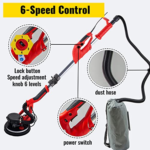 VEVOR Drywall Sander 750W, Electric Sander Variable Speed 800-1750RPM, Drywall Sander Foldable Sheetrock Sander, with Telescope Handle, Vacuum Bag Drywall Sanders 6 Sand Pads