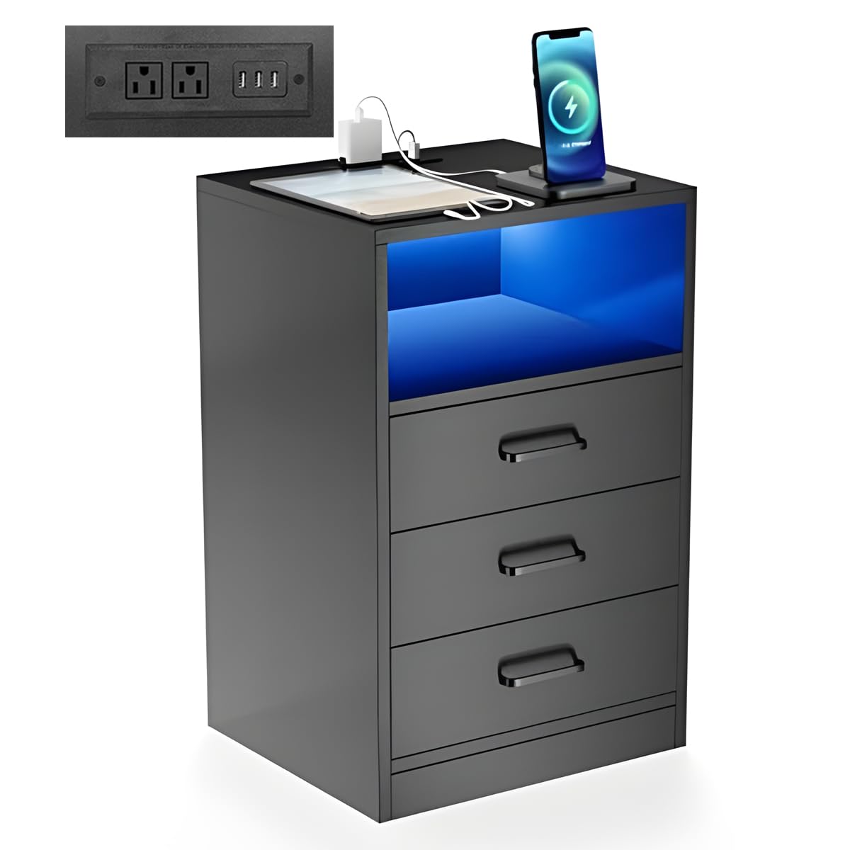 LED Nightstand with Charging Station, Modern Bedside Table for Living Room Office, End Side Table with 3 Drawers and Open Storage for Bedroom (Black)