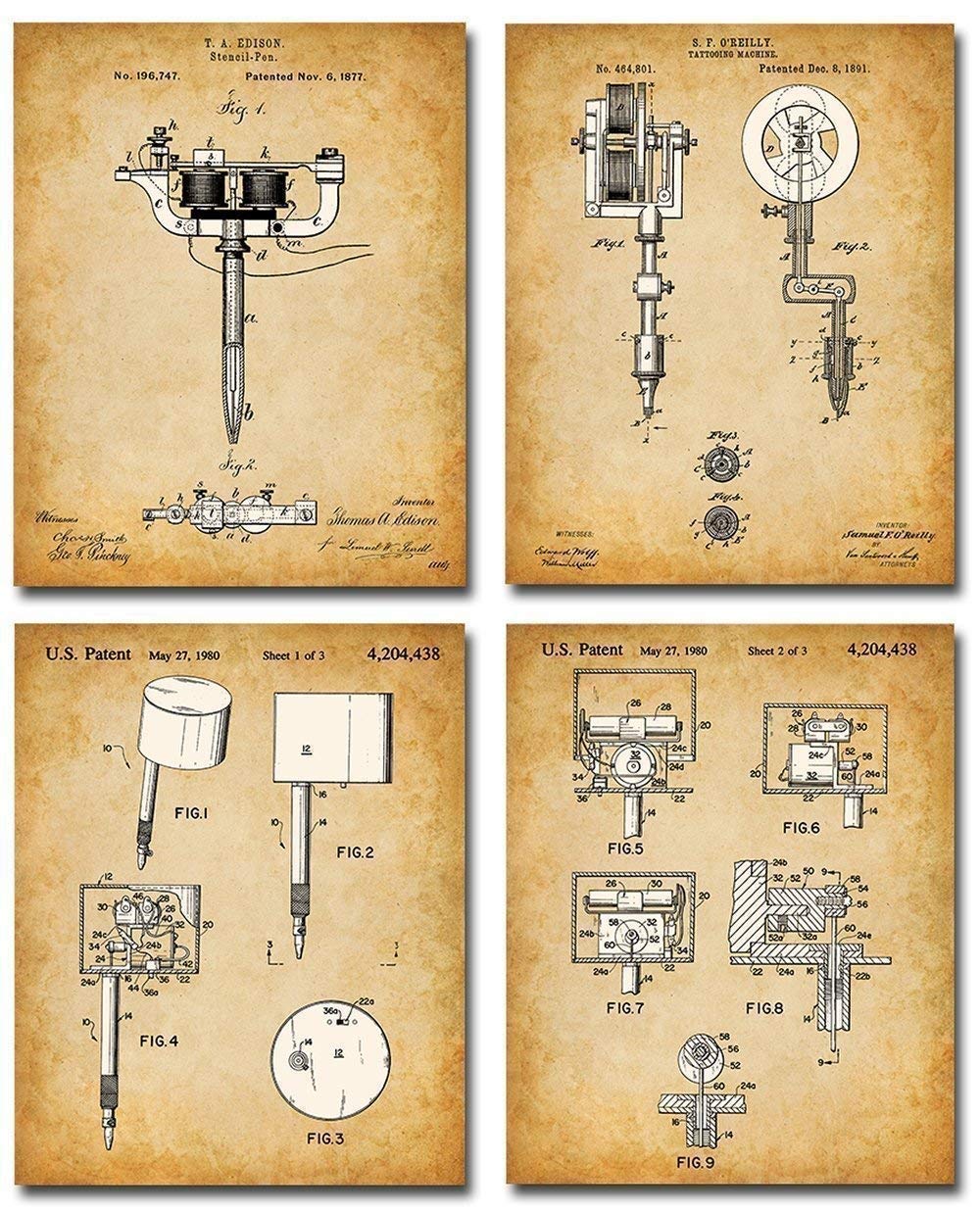Original Tattoo Machine Patent Prints - Set of Four Photos (8x10) Unframed - Makes a Great Tattoo Artist Gift - Tattoo Shop Decor and Gift Under $20 for Tattoo Artists and Ink Fans