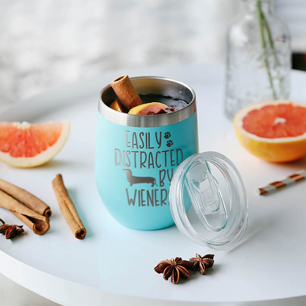shop4ever Easily Distracted By Engraved Insulated Stainless Steel Wine Tumbler with Lid Funny Dachshund Weiner Dog Mom Gift (Teal)