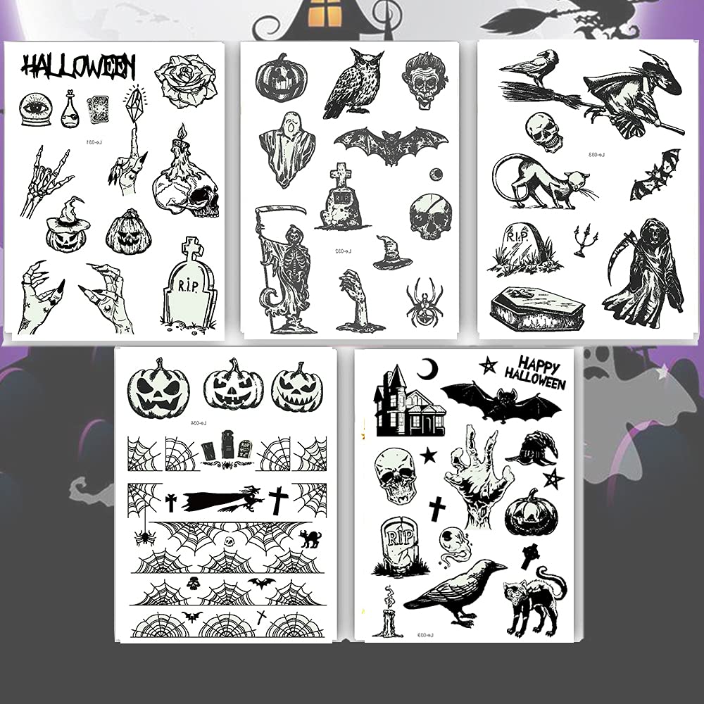 Ooopsiun Luminous Halloween Temporary Tattoos for Kids - 80 Black Styles Glow in The Dark Halloween Tattoos Party Favors Decorations for Boys Gilrs