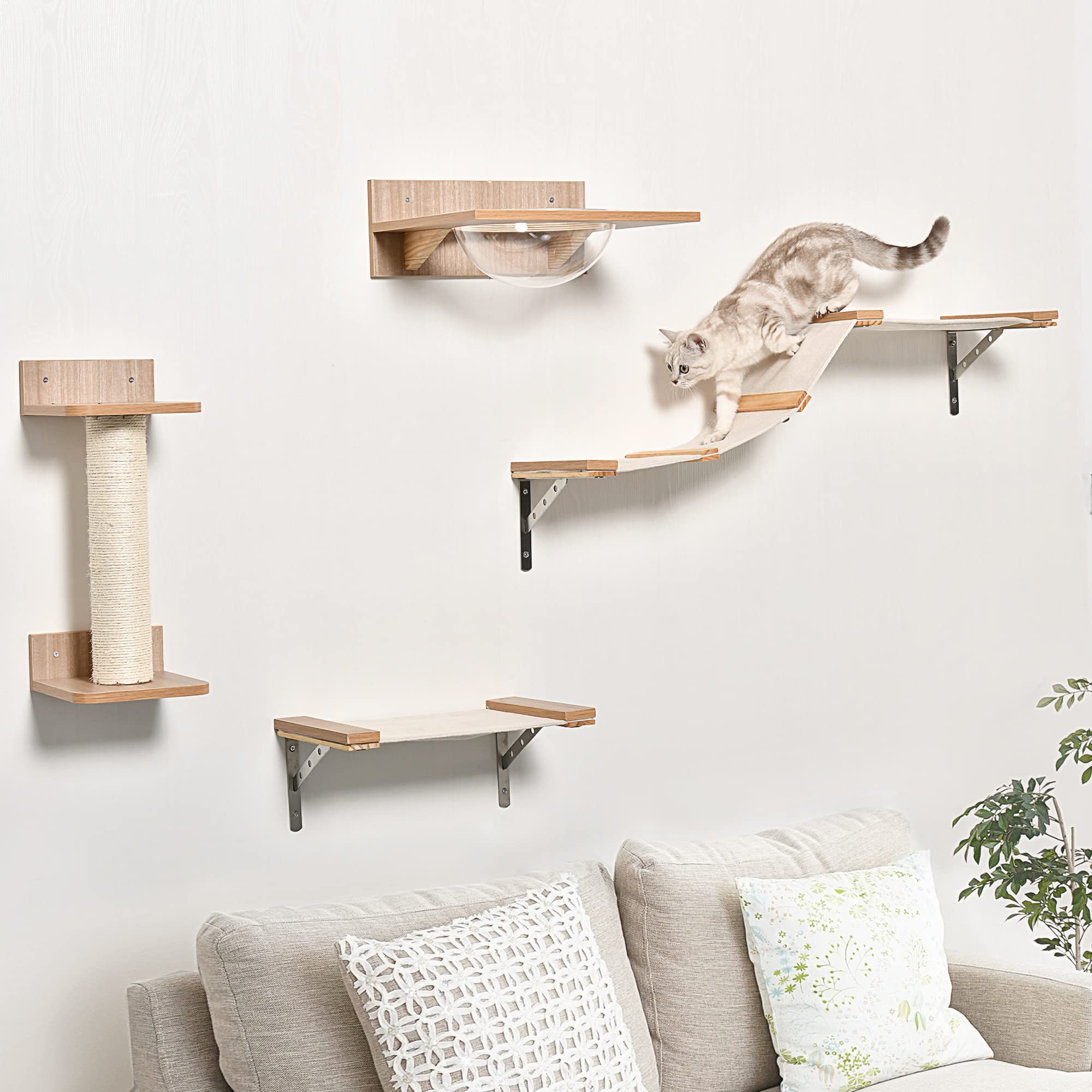 PawHut Indoor Cat Activity Tree 4-Piece Set, Mounted Pet Climbing Perches, Kitten Center with Feeding Station, Hammock Stairs, Scratching Post, Jumping Platform, Beige