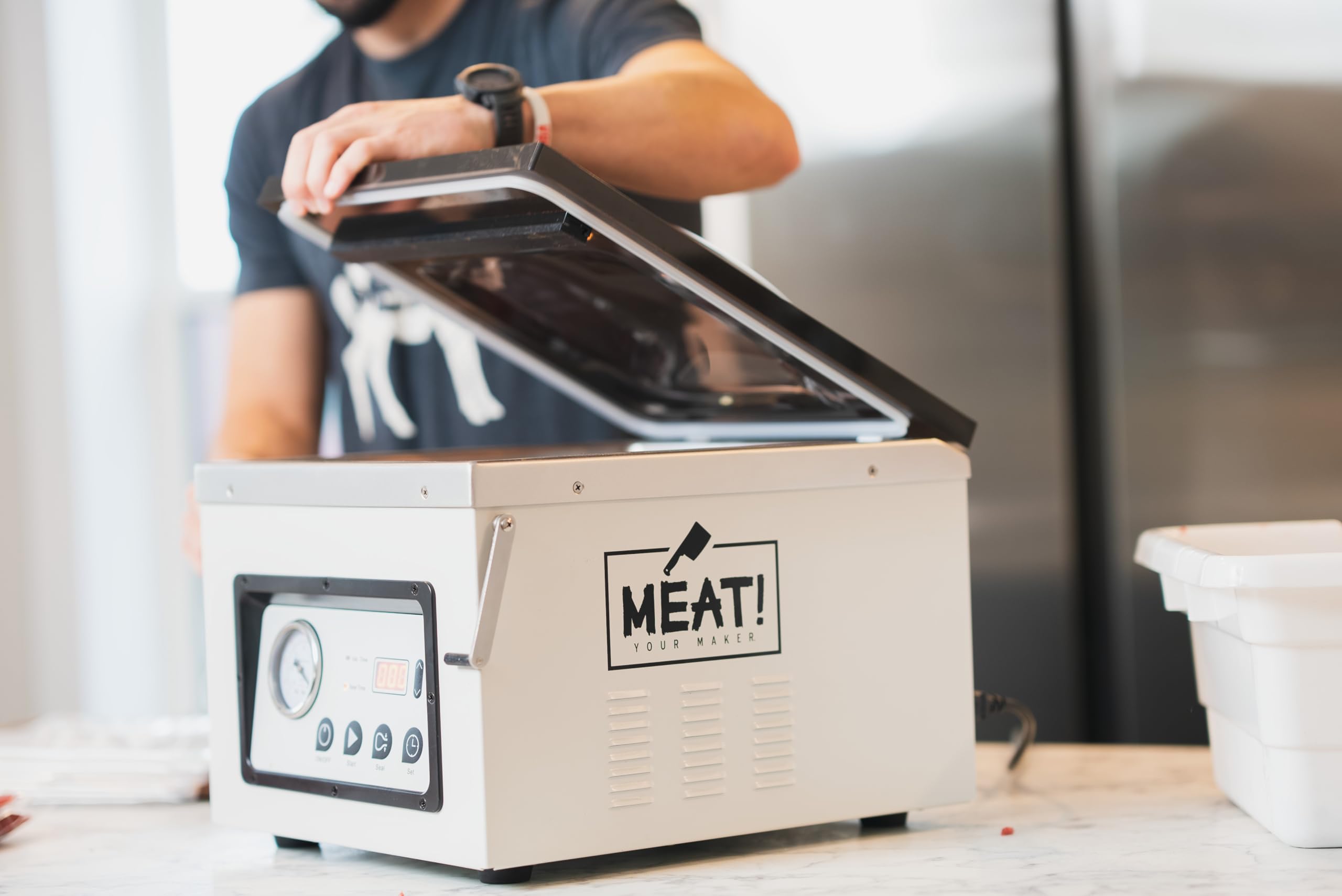 MEAT! Chamber Vacuum Sealer with 12" Sealing Bar, Adjustable Seal Time, Vacuum Gauge, and Vacuum Bag Sampler Pack for Preserving Meat and Vegetables