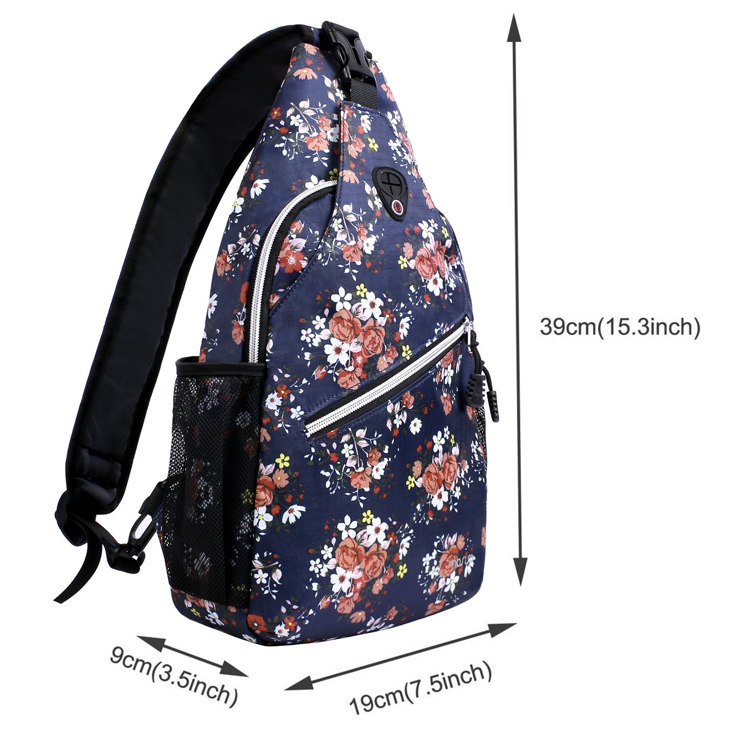 MOSISO Sling Backpack,Travel Hiking Daypack Pattern Rope Crossbody Shoulder Bag, Navy Blue Base Floral