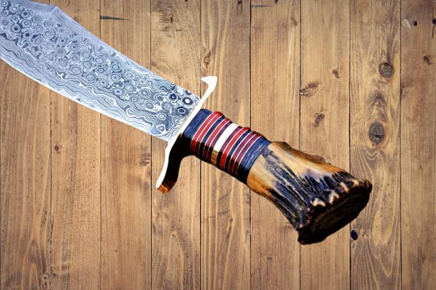 PSK166 - Custom Handmade Damascus Steel Bowie Hunting Knife Stag Horn Handle with Sheath