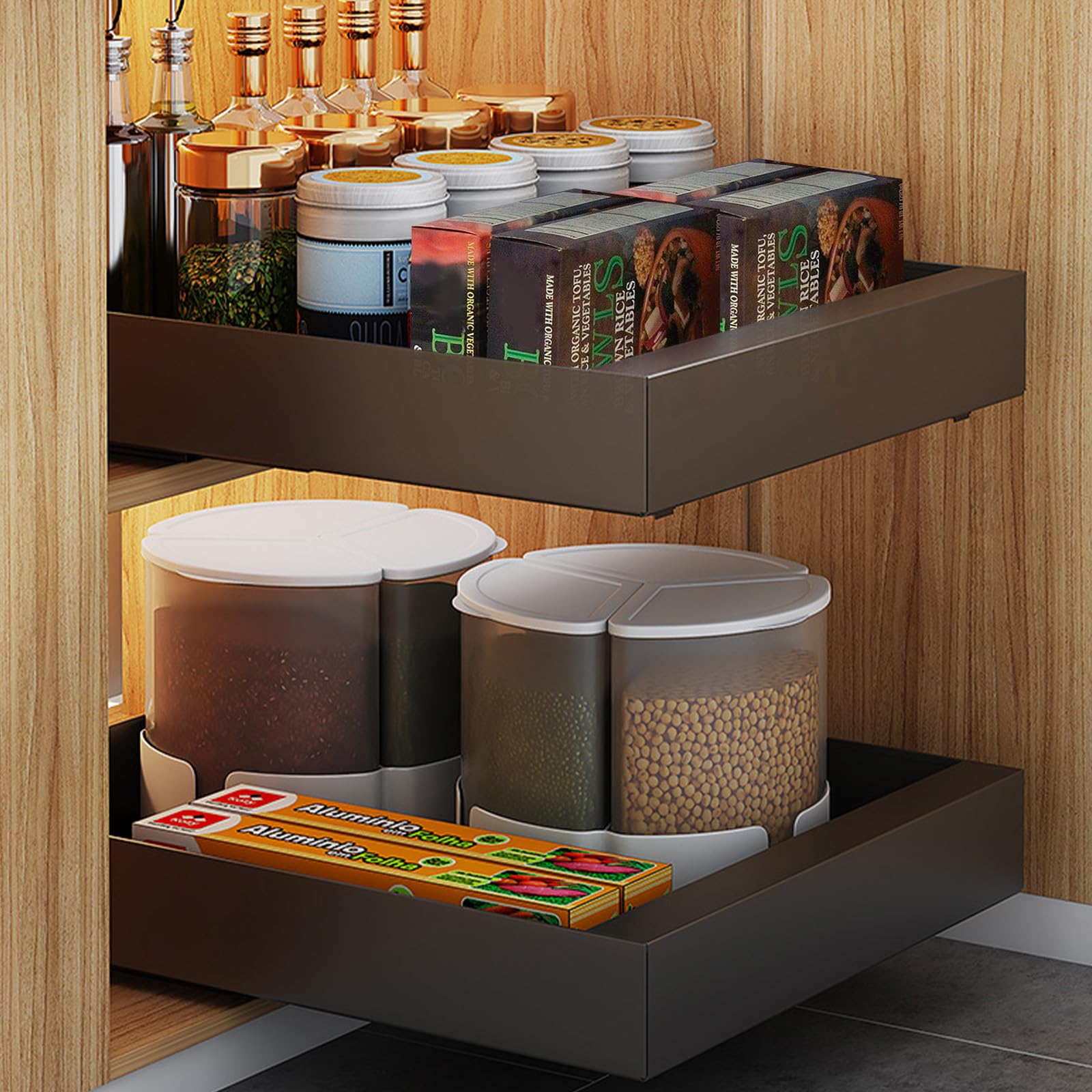 Medach Pull Out Cabinet Organizer,16.9" Lx15.8 Wx3.1 H (1 Pcs) Slide Out Pantry Shelves Fixed with Adhesive,Heavy Duty Organization and Storage Drawers,Sliding Drawer Pantry Shelf for Organizers