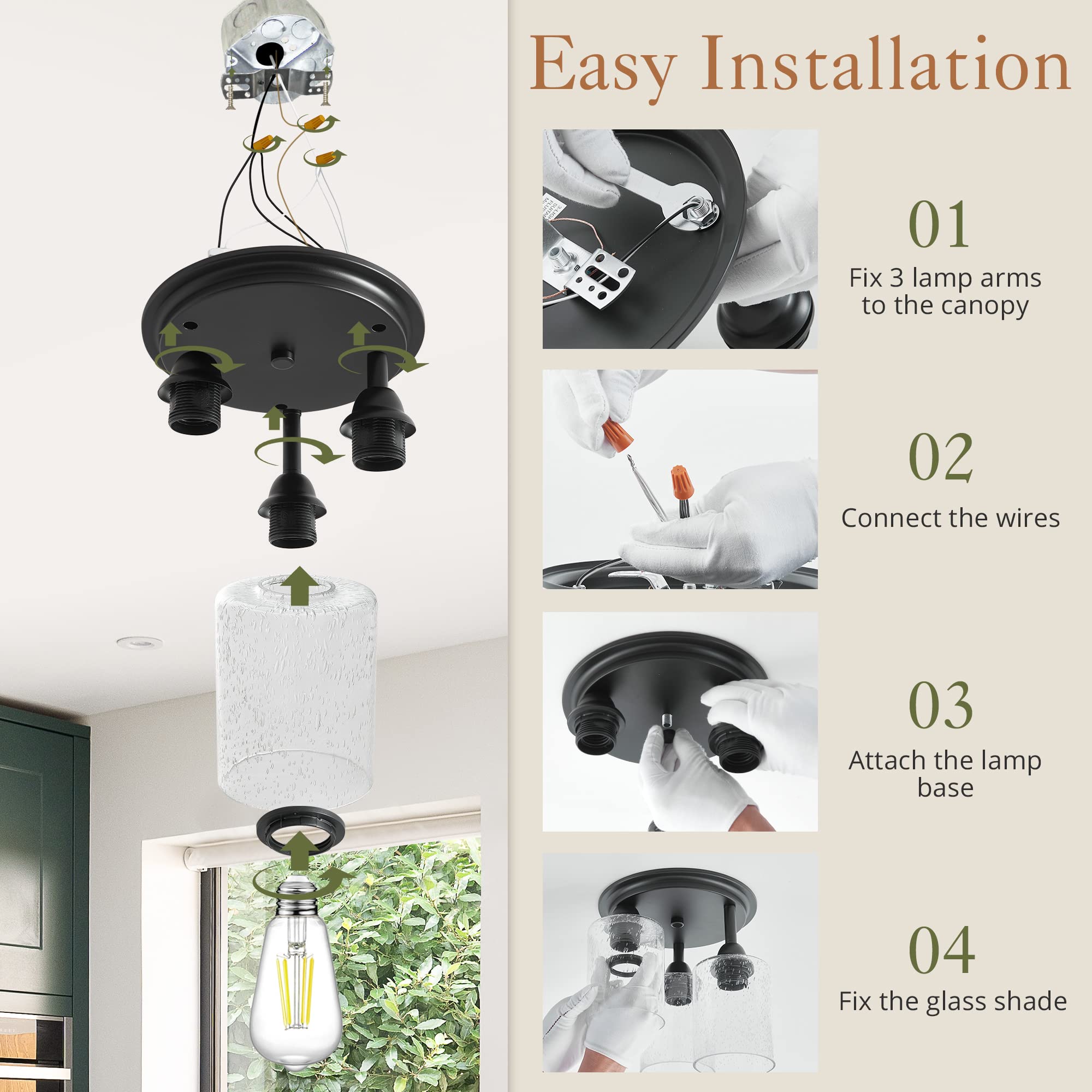 LEDIARY Semi Flush Mount Ceiling Light Fixtures, 3-Light Industrial Black Light Fixtures Ceiling Mount, Kitchen Light Fixtures with Clear Seeded Glass Shades for Hallway, Entryway, Bedroom