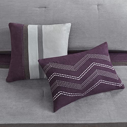 Madison Park Palisades Comforter Set Modern Faux Suede Pieced Stripe Design, All Season Down Alternative Cozy Bedding with Matching Shams, Decorative Pillows, Queen(90"x90"), Purple 7 Piece