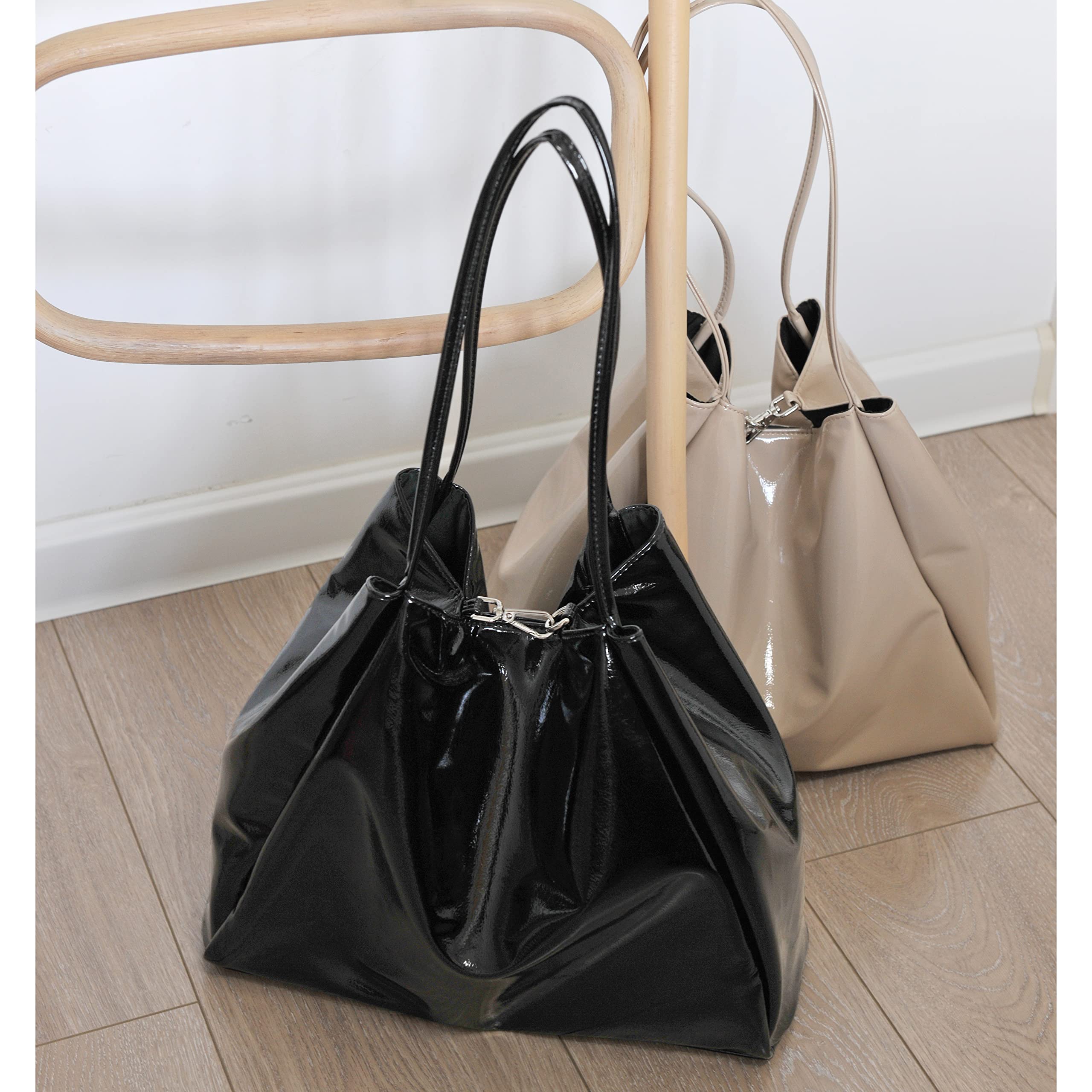 Shiny Patent Faux Leather Tote Glossy Shoulder Handbag for Women Convertible Purse (Nude)