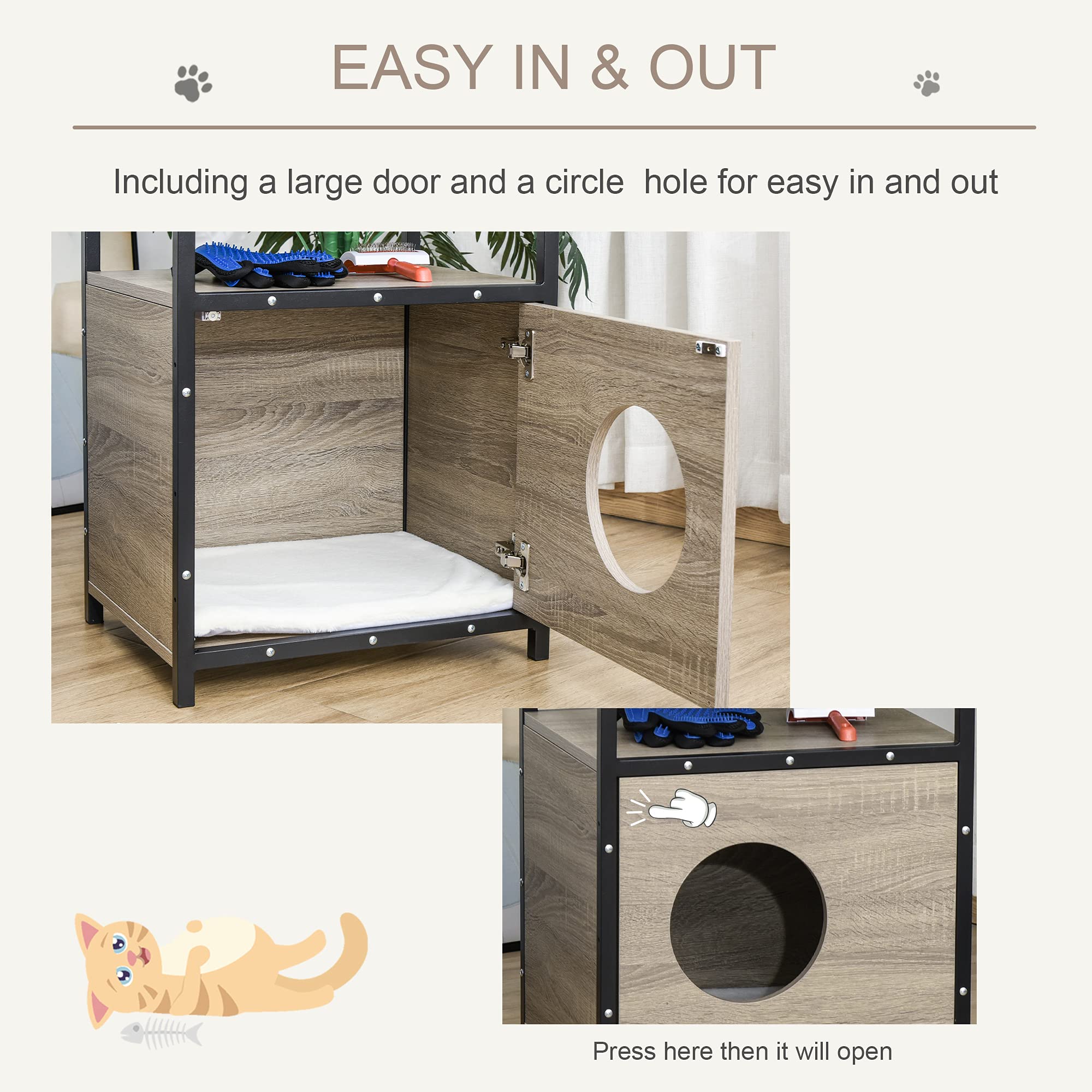 PawHut Wooden Cat House Kitten Condo Shelter Bed w/Soft Cushion Cat Litter Box Enclosure End Table Hideaway Cabinet Storage, Grey