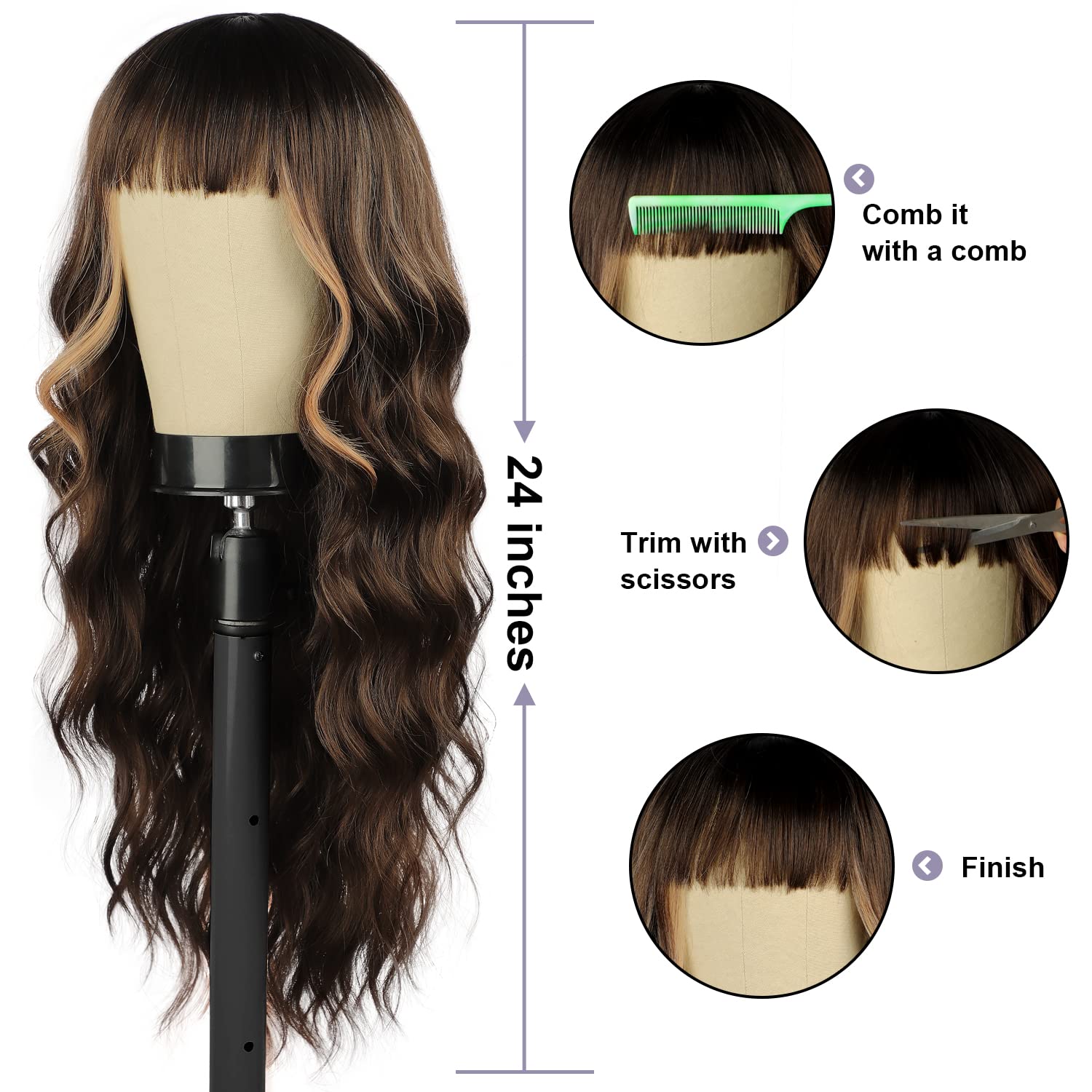 Vigorous Brown Wig With Bangs Long Wavy Wig for Women Synthetic Curly Wavy Wigs Brown Mixed Blonde color for Daily Party Use