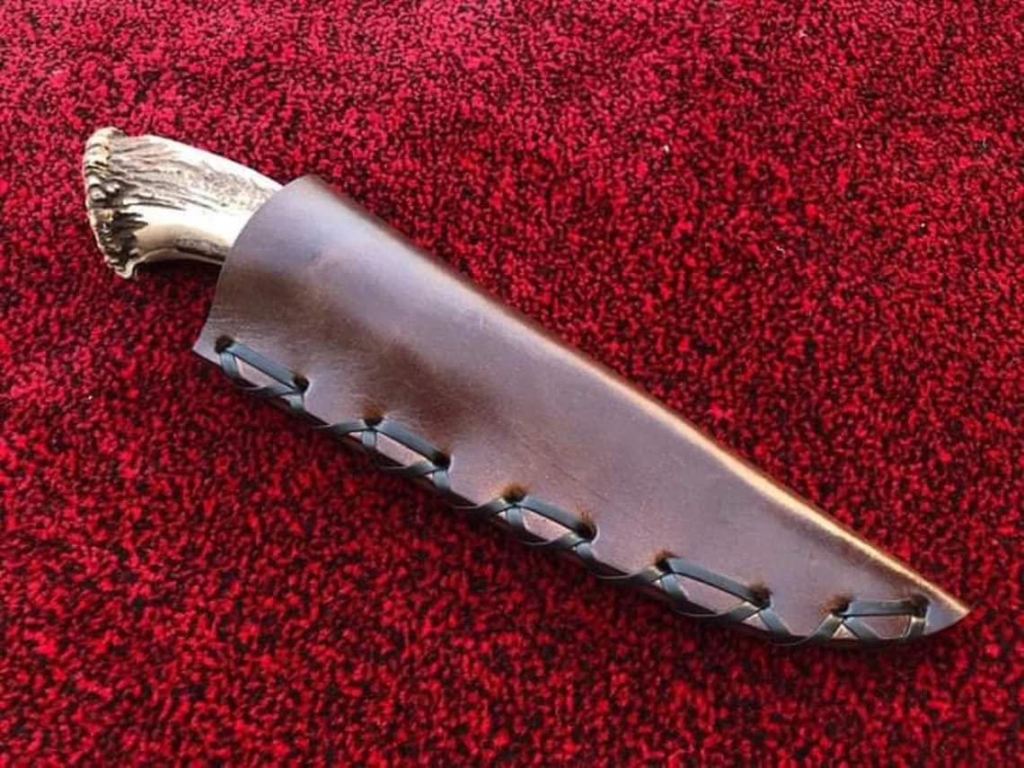 PSK206 - Antler Engraved Hunting Knife | Custom Handmade D2 Steel Knife | Leather Sheath