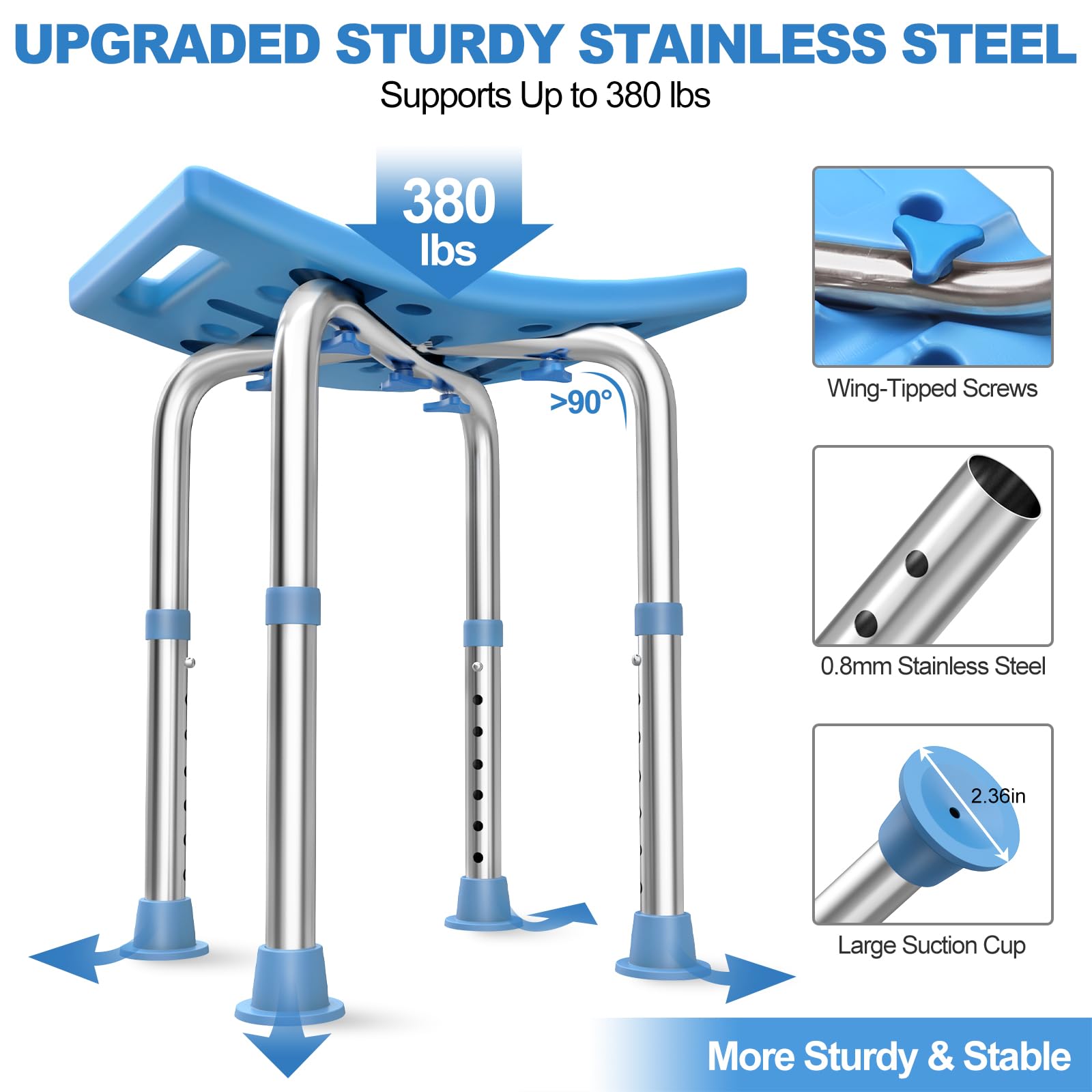 Medhelp Shower Chair for Inside Shower, FSA/HSA Eligible Stainless Steel Heavy Duty 380lbs Adjustable Padded Shower Bench with Anti Slip Rubber, No Tool Assembly Shower Stool for Elderly Disabled