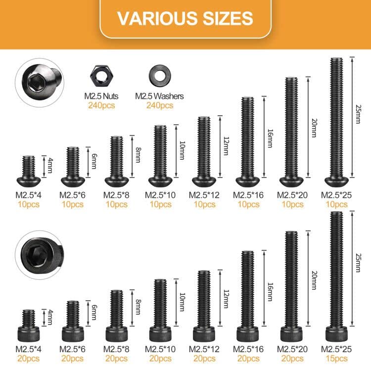 VIGRUE 715PCS M2.5 x 4/6/8/10/12/16/20/25mm Hex Button and Socket Head Cap Screws Nuts Washers Assortment Kit with Storage Box, 12.9 Grade Alloy Steel Black