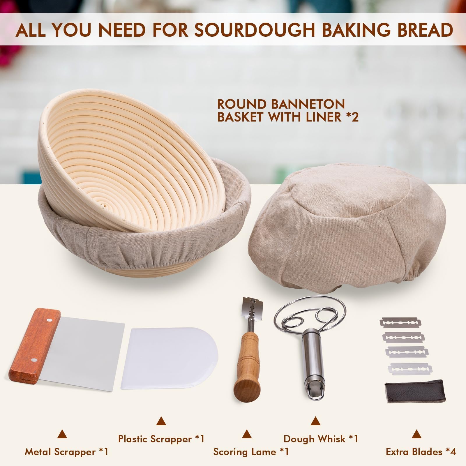 Sourdough Bread Proofing Banneton Basket Set of 2-9 Inch Round Baskets for Baking and Rising, Bread Bowls Set for Sour Dough Bread Making Starter Kits Supplies and Tools