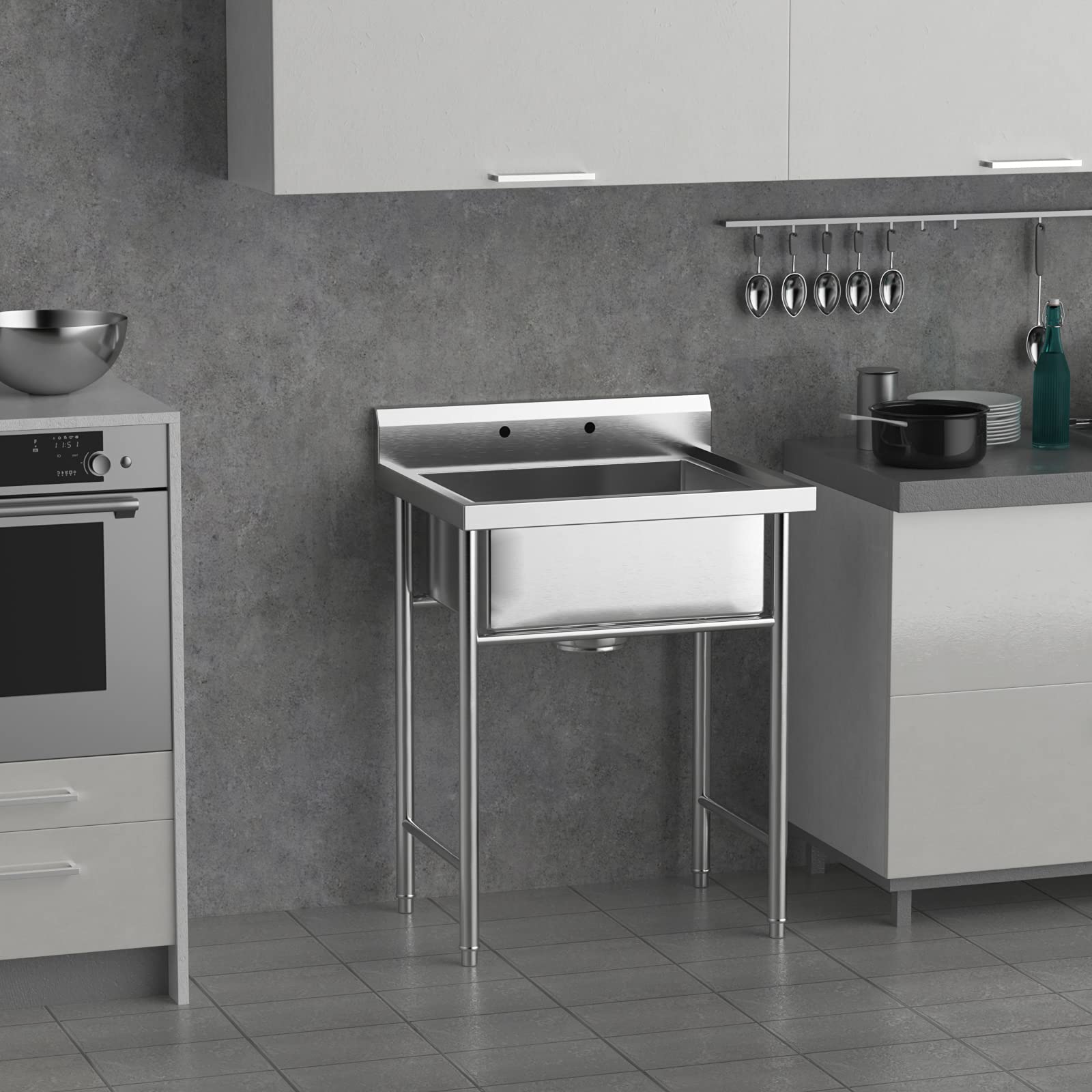 VINGLI Upgraded Free Standing 304 Stainless Steel Utility Sinks for Laundry Room with Backsplash, Industrial Garage Sink Commercial Sink for Restaurant, Workshop β 28" W x 24" D x 40.2" H