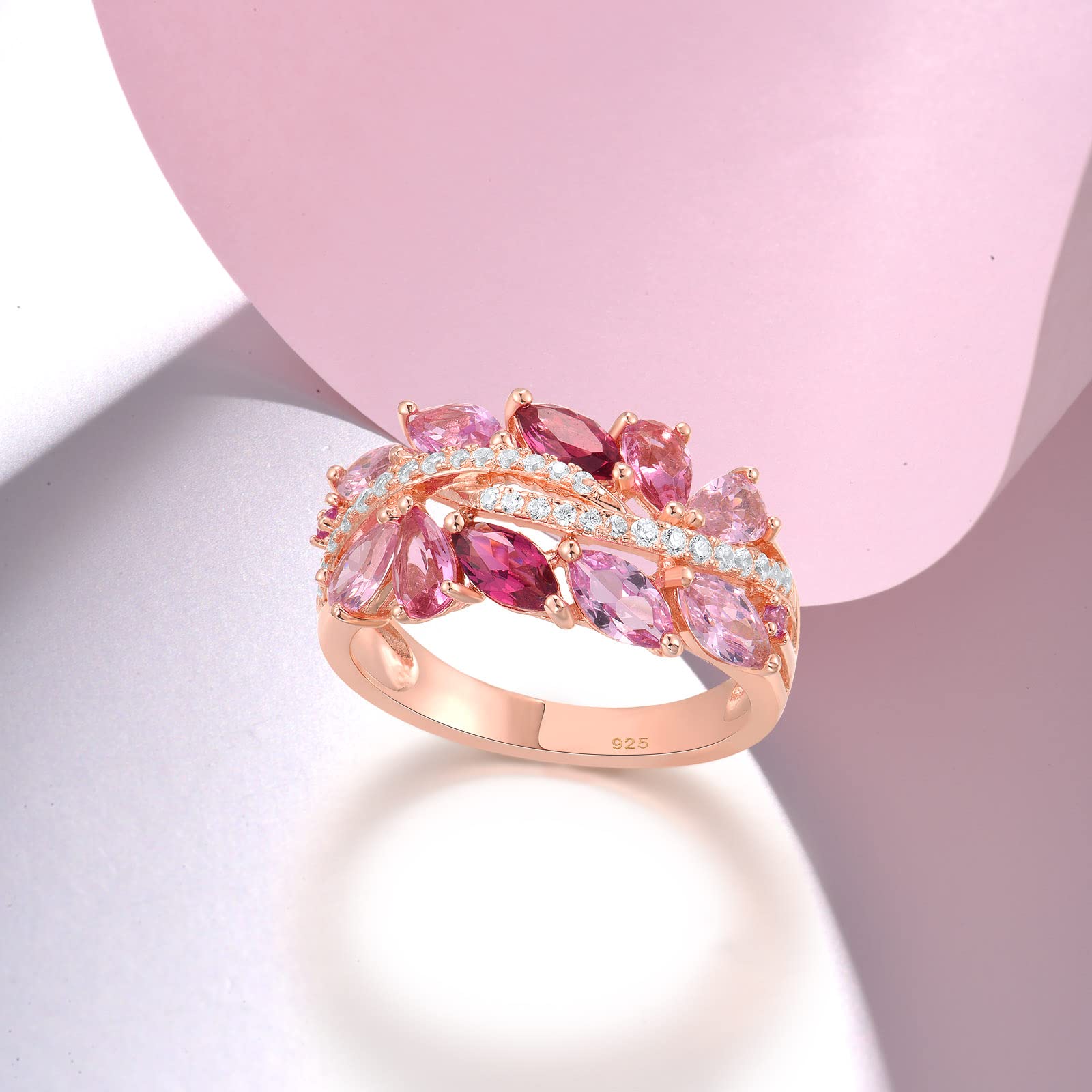 Santuzza 925 Sterling Silver Twisted Vine Ring 14K Rose Gold Plated Marquise Created Pink Sapphire Simulated Diamond Engagement Wedding Rings for Women (6)