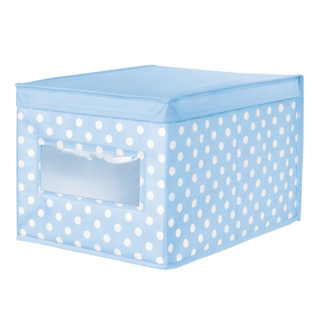 mDesign Large Soft Stackable Fabric Baby Nursery Storage Organizer Holder Bin Box with Front Window/Lid for Child/Kids Bedroom, Playroom, Classroom, Lido Collection, Light Blue/White Polka Dot