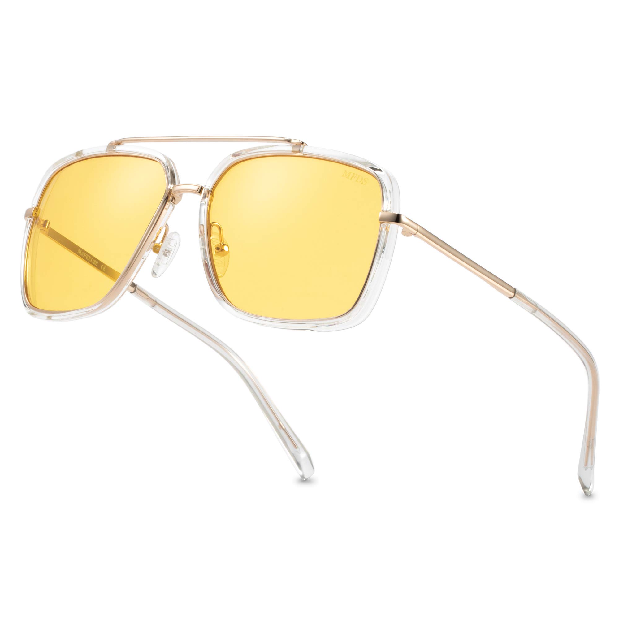 MAFEEDSS Retro 70s Aviator Sunglasses, Night Driving Glasses with UV Protection and Anti Glare, Yellow Lens Large Frame