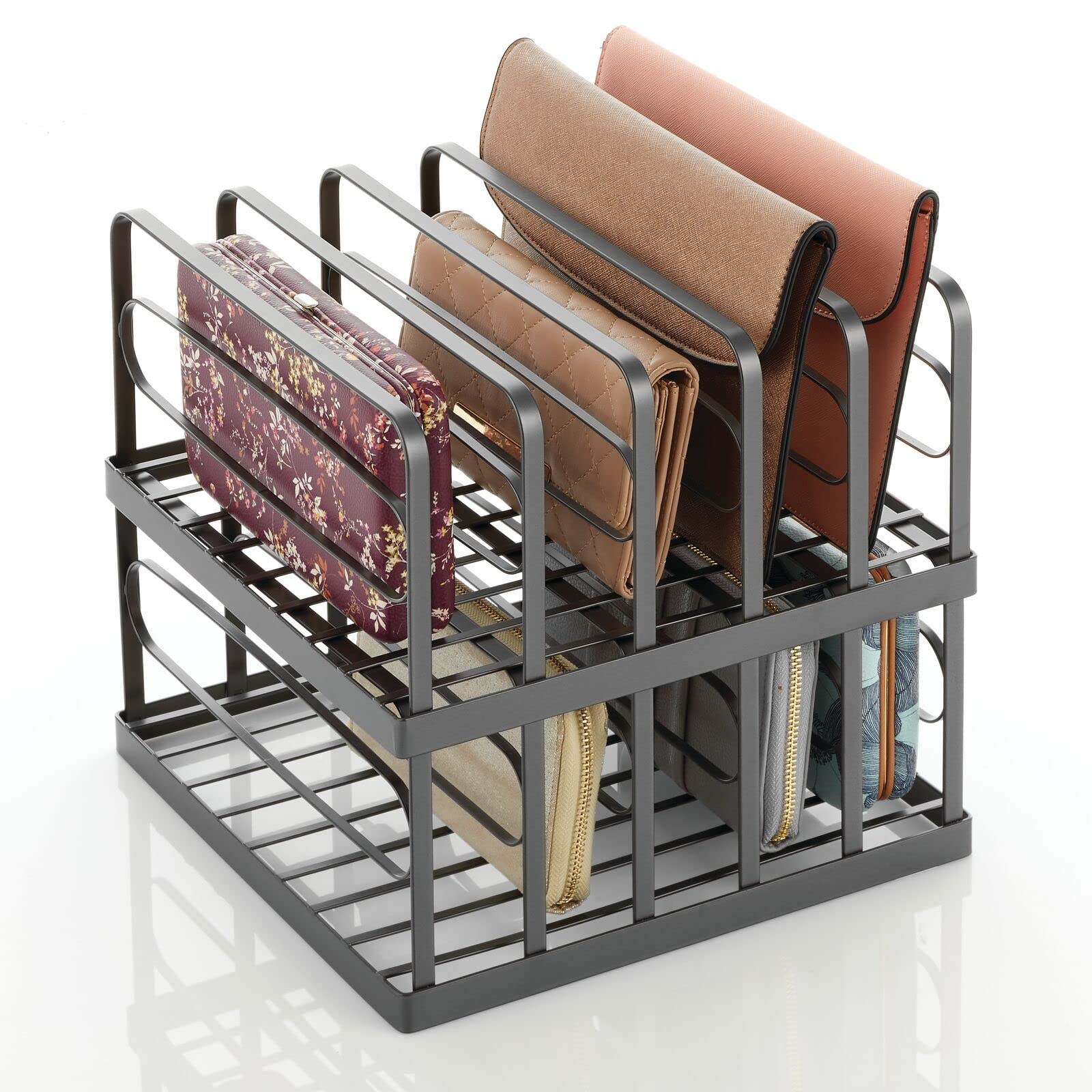 mDesign Metal Divided Stackable Purse Organizer for Closets, Bedrooms, Dressers, Shelves - Closet Shelf Storage Solution for Purses, Clutches, Wallets, Accessories - 5 Sections, 2 Pack - Graphite Gray