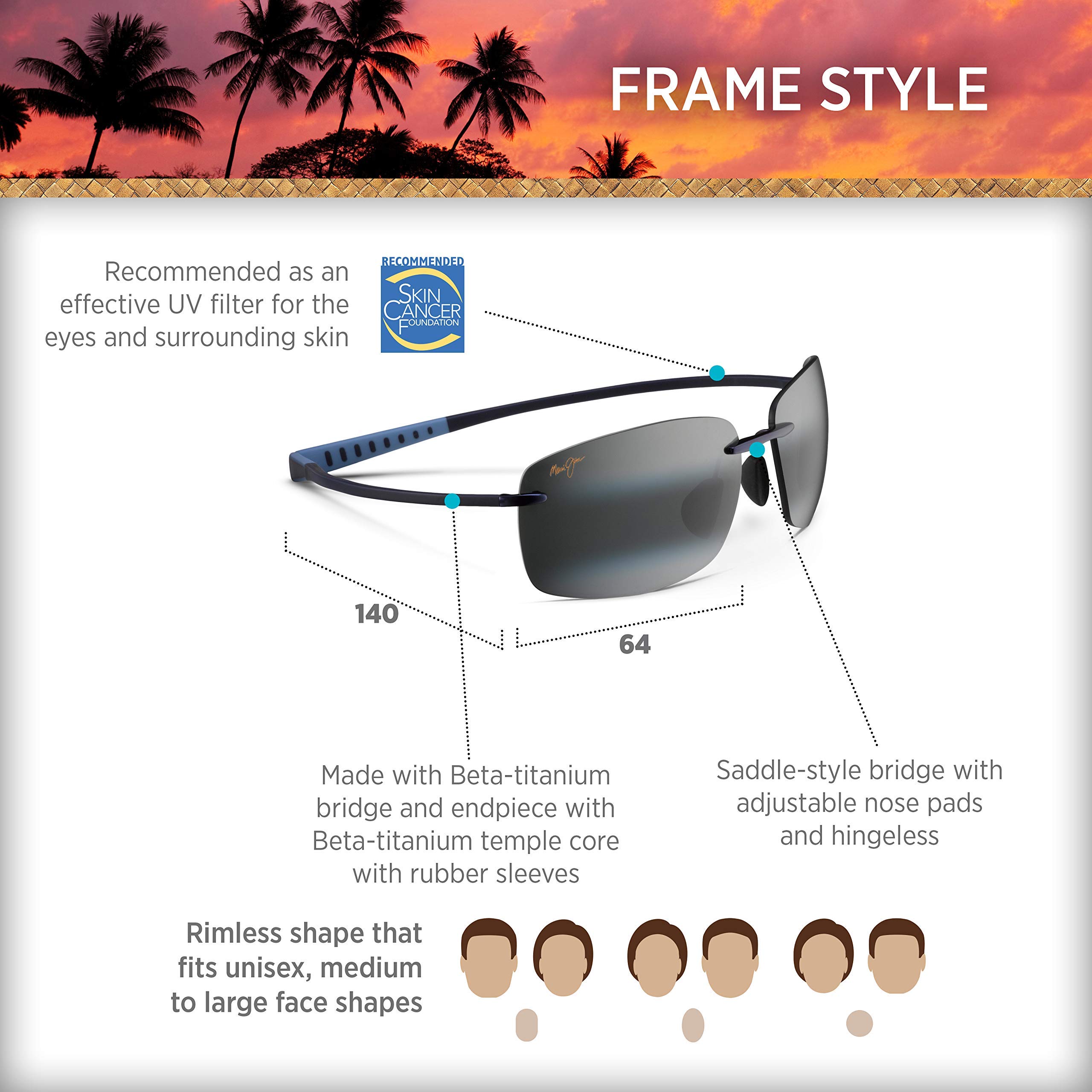Maui Jim Men's and Women's Kumu Polarized Rimless Sunglasses, Blue/Neutral Grey, Large