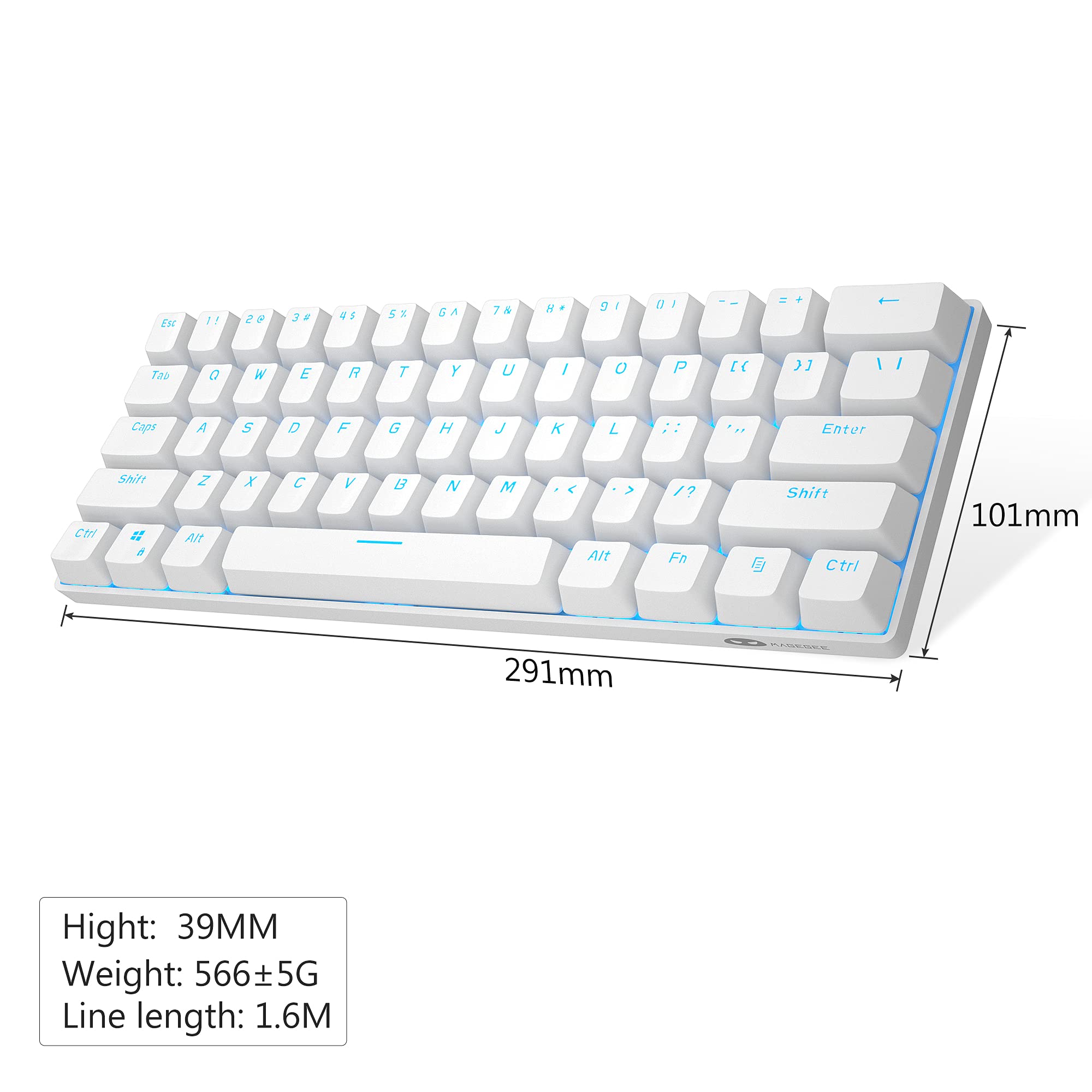 MageGee MK-Mini 60% Mechanical Gaming Keyboard, 61 Keys TKL Compact Gaming Keyboard with Blue Switches, Portable Blue LED Backlit USB Type-C Wired Office Keyboard for PC Laptop Computer, White