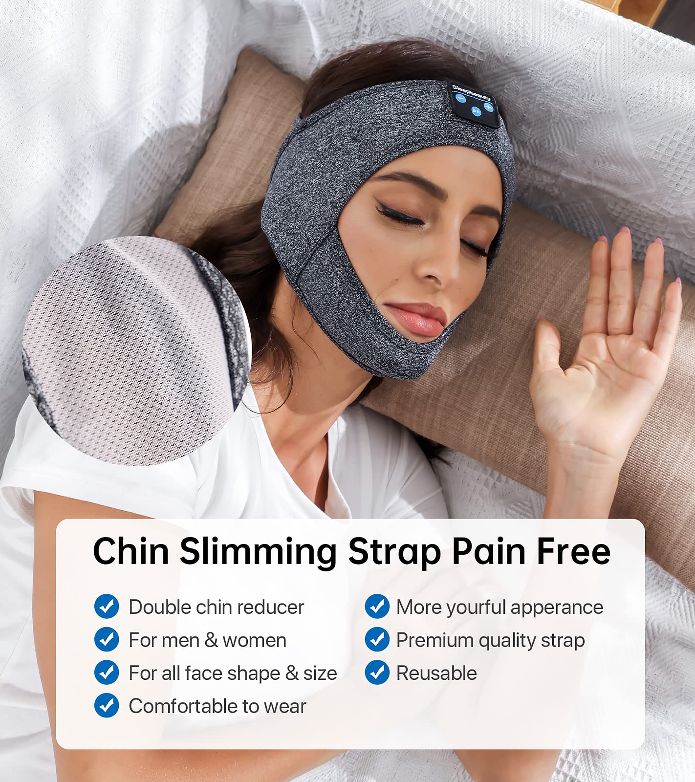 Sleepbeauty Double Chin Reducing Headband with Headphones - Reusable V-Line Face Lifting Strap and Slimming Belt for Improved Facial Contour