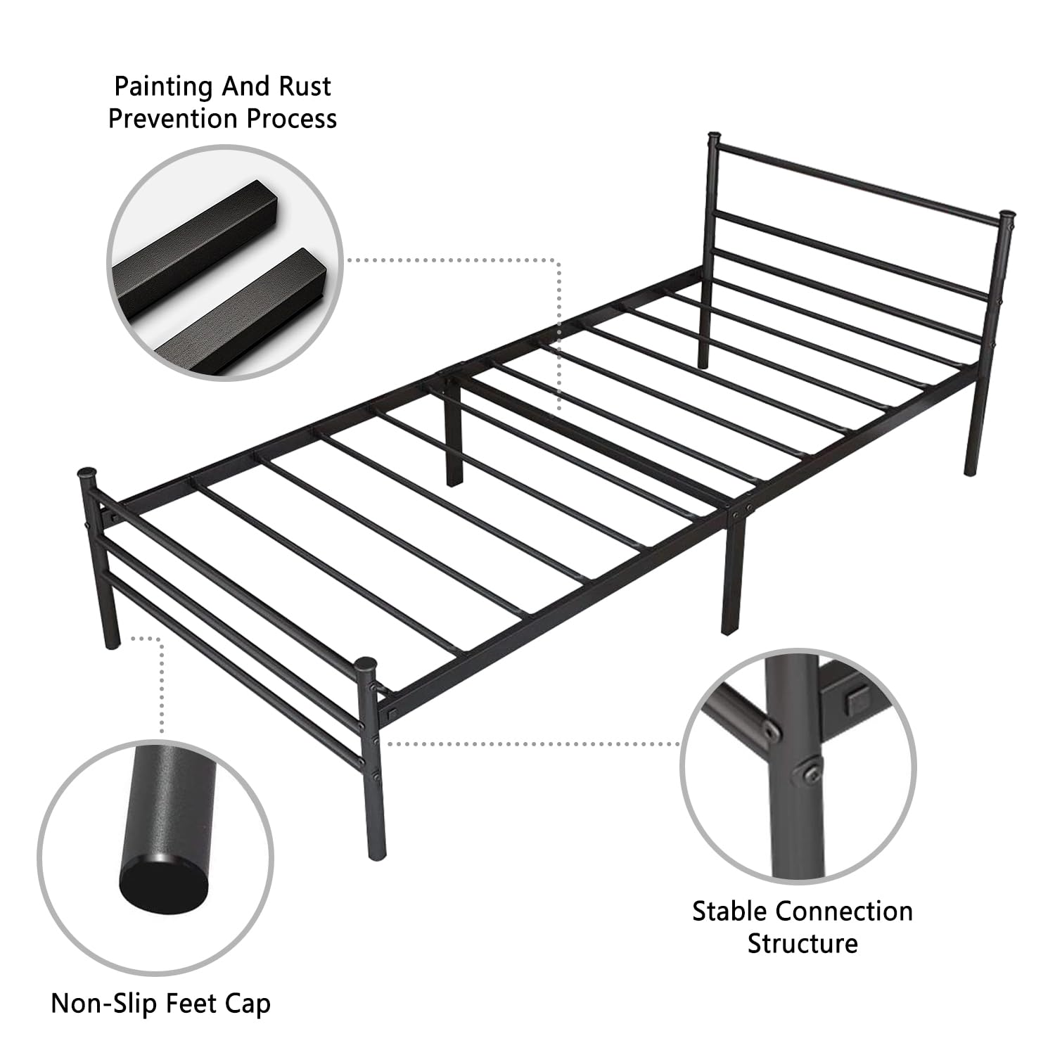 leheyhey Twin Size Bed Frame Reinforced Heavy-Duty Black Metal Bed Frame for Easy Assembly,No Box Spring Needed,Load Capacity 250kg/550lb