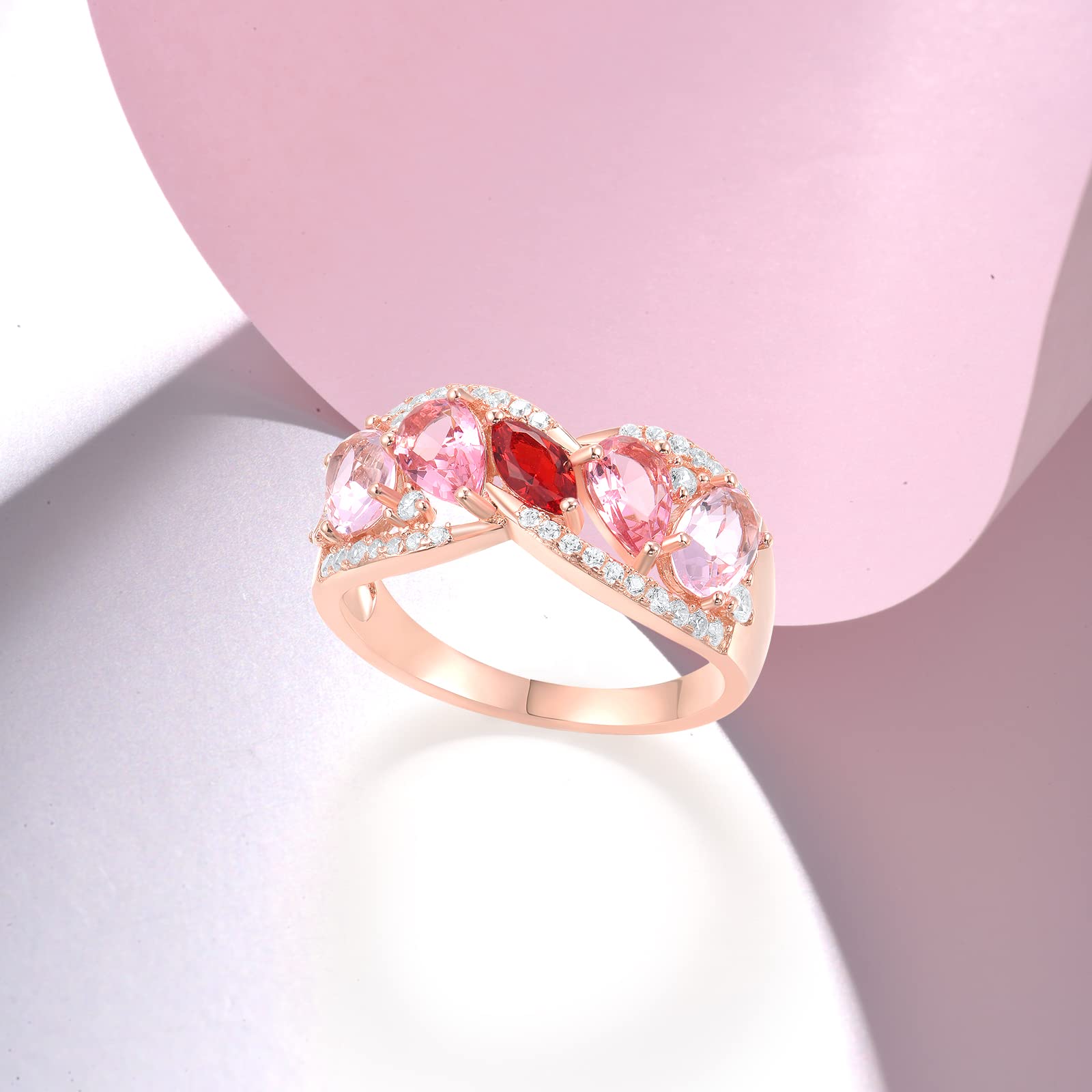 Santuzza 925 Sterling Silver Red Marquise Shape Ring Rose Plating Cubic Zirconia Statement Ring for Women (8)