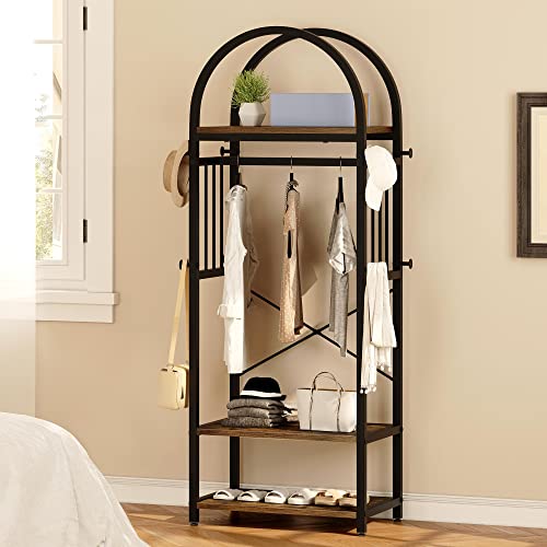 YITAHOME Industrial Hall Tree Garments Rack with Storage Shelves and Hanging Rod, Coat Rack Freestanding with 8 Hanging Hooks, Tall Clothes Rack Closet Organizer for Hallway, Bedroom, Rustic Brown