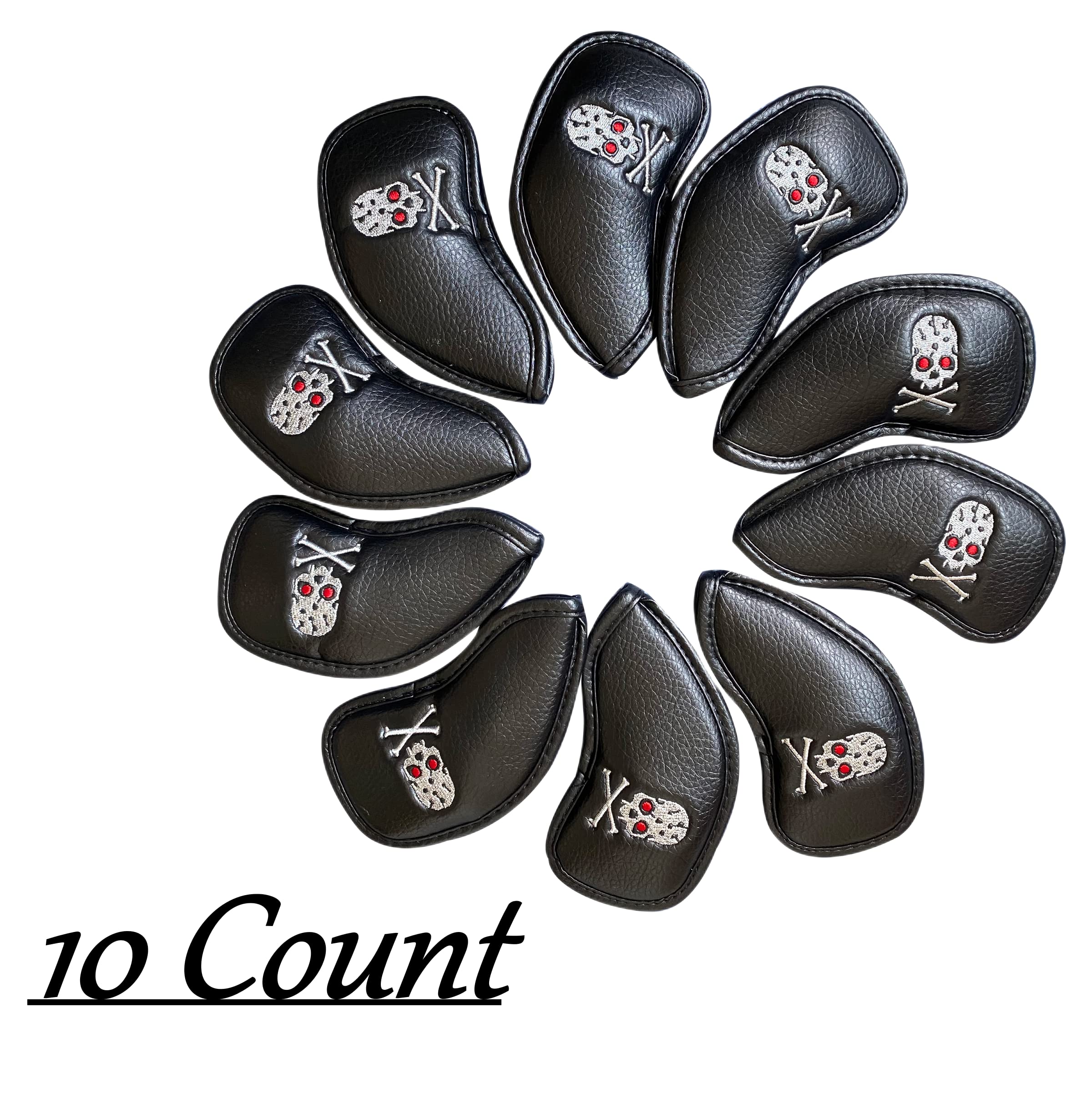 PU Leather Golf Iron Covers Headcovers - Golf Headcovers for Golf Clubs - 10pcs/ Set Golf Club Protective Case fits for Men Taylormade, Mizuno MP JPX, PXG 0311 (Black with Skull)