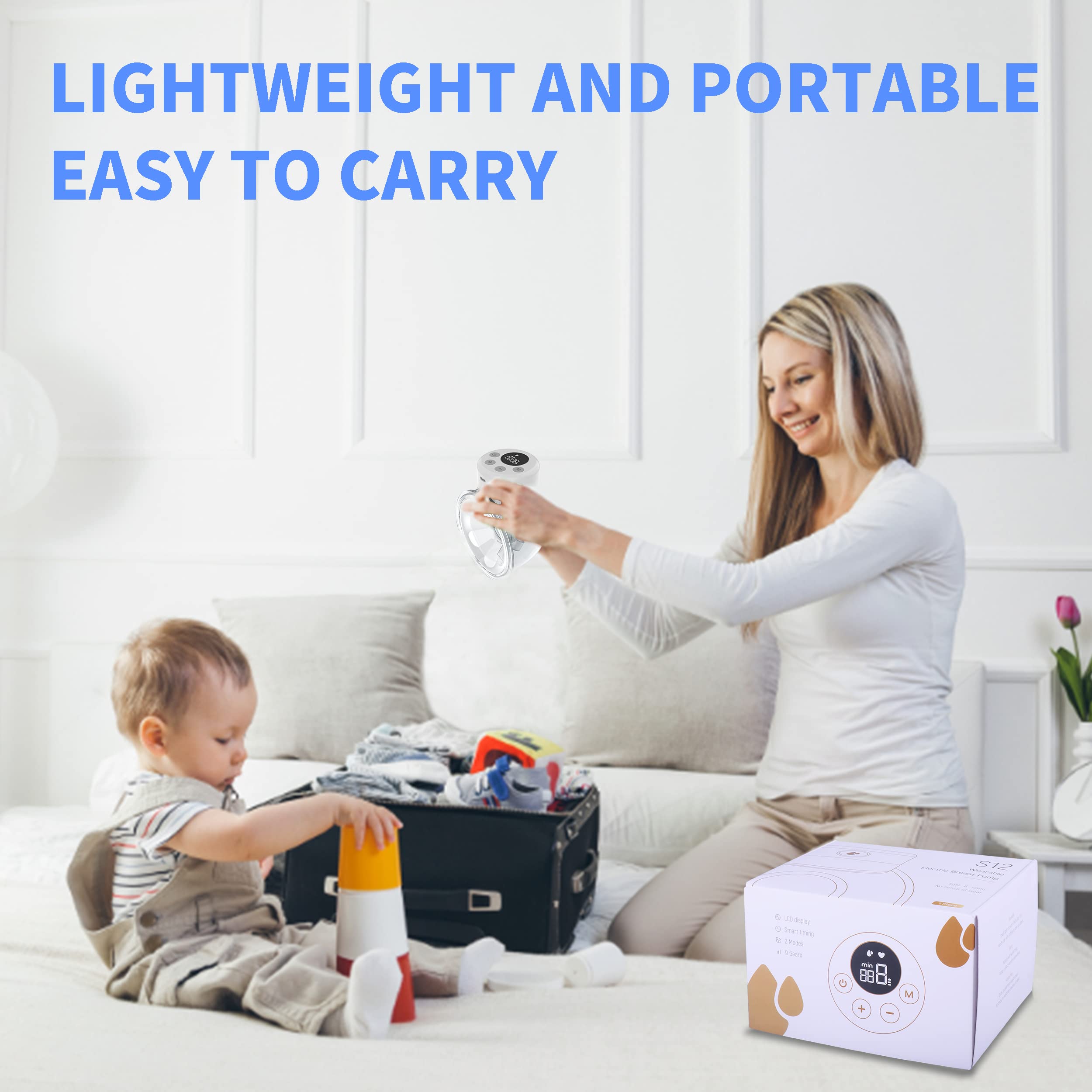 Wearable Breast Pump, S12 Double Hands Free, LCD Display, Low Noise & Painless, 2 Modes & 9 Levels Electric Breast Pump Portable, 24mm Flange, 2 Pack