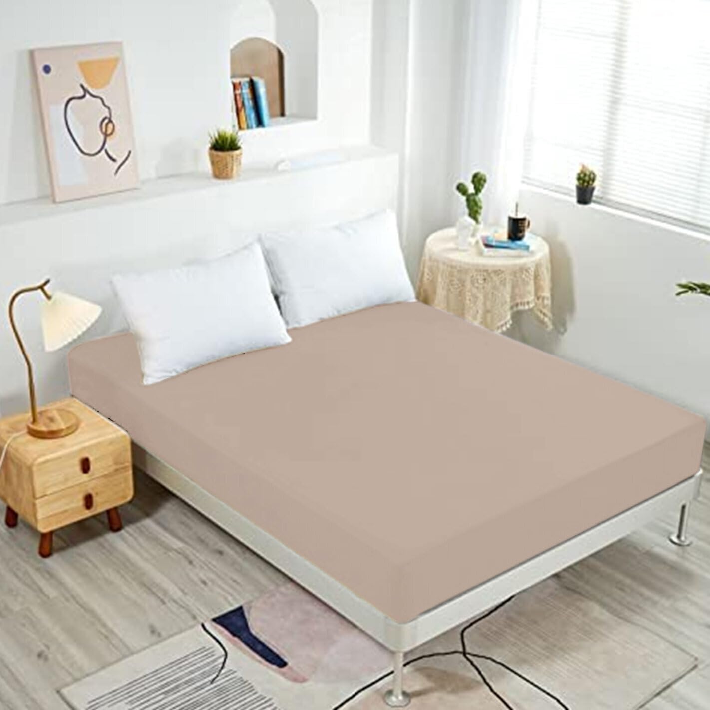 NHNHN Fitted Sheet-Deep Pockets-Soft Microfiber-Easy Care-Shrinkage and Fade Resistant-Fitted Sheets Queen Size for Girl Woman Teens Kids-Only 1 Fitted Sheet Queen Beige