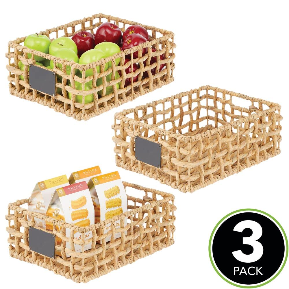 mDesign Water Hyacinth Open Weave Household Basket with Built-in Chalkboard Label for Storage in Bedroom, Bathroom, Office - Hold Clothes, Blankets, Linens, Accessories, 3 Pack - White Wash